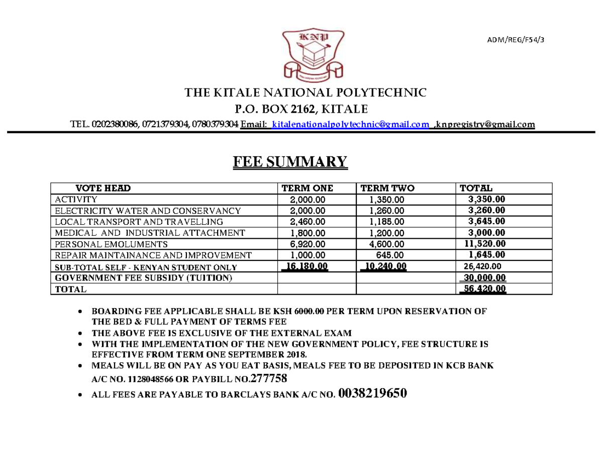 Subsidy-FEE- Structure - THE KITALE NATIONAL POLYTECHNIC P. BOX 2162 ...