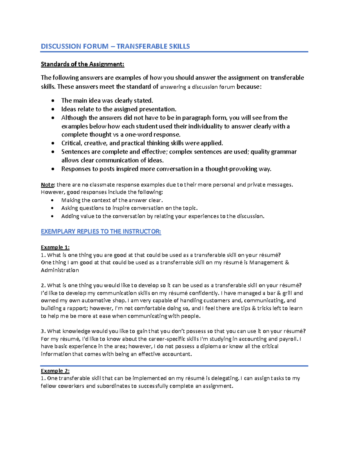 04 SSSO Discussion 3, Transferable Skills - Exemplar - DISCUSSION FORUM ...