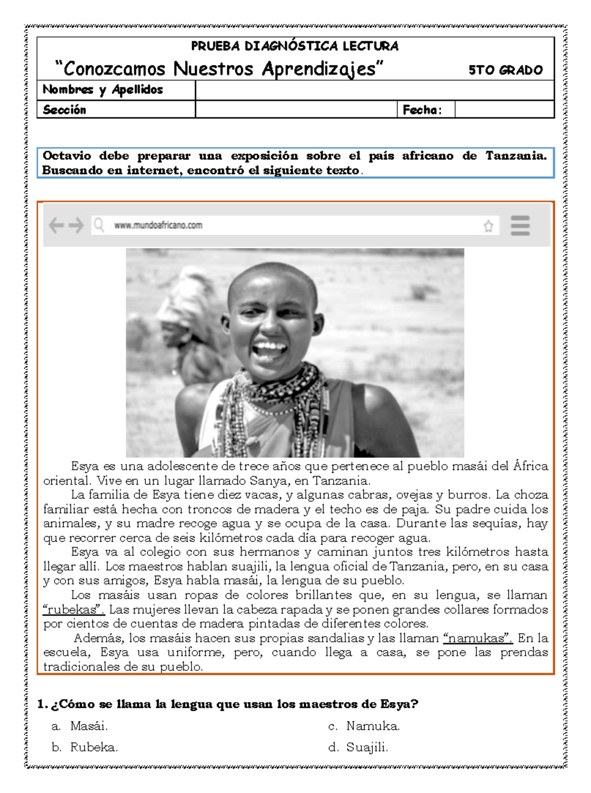 Prueba Diagnostico 5TO Grado Lectura - PRUEBA DIAGNÓSTICA LECTURA “Conozcamos Nuestros ...