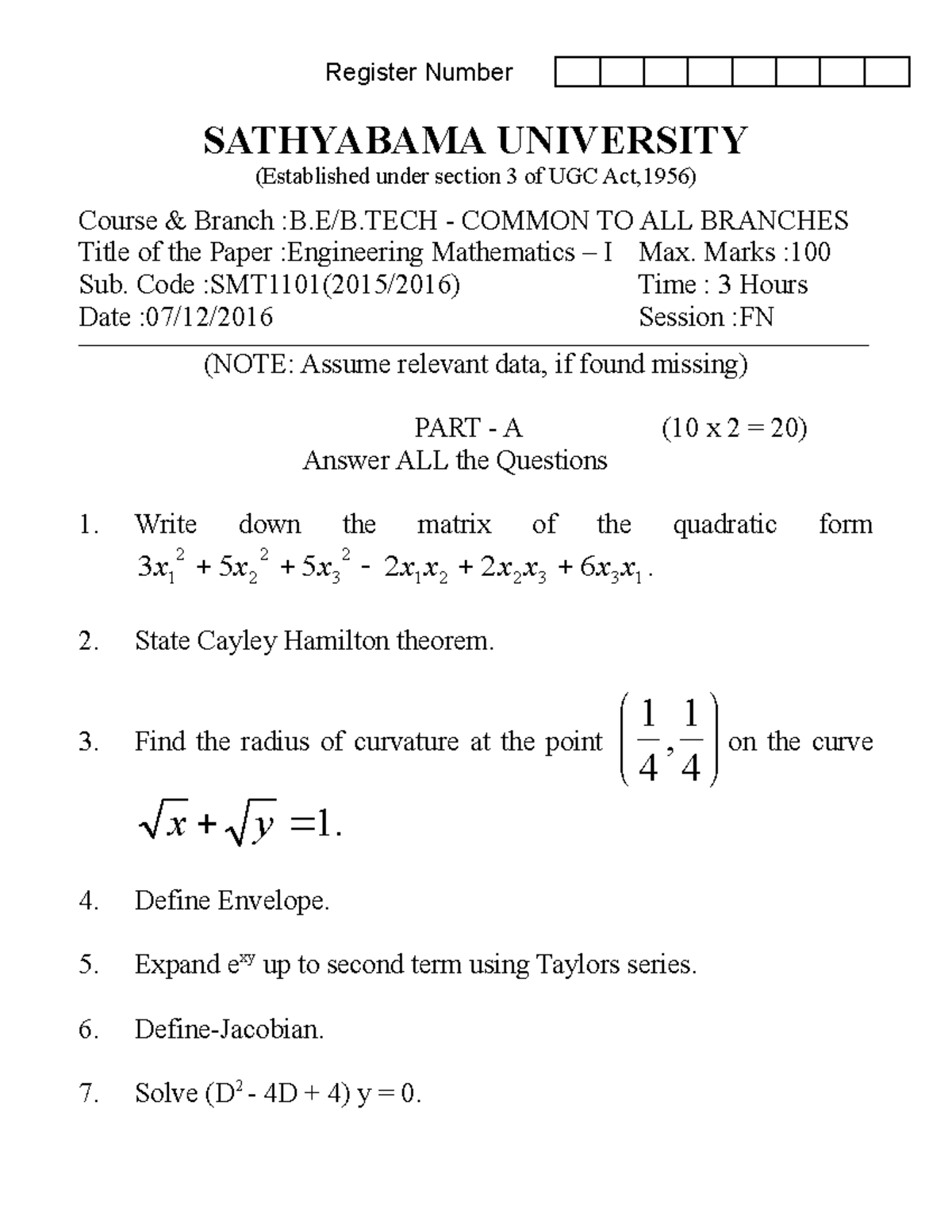 Eng maths paper 2 - Register Number SATHYABAMA UNIVERSITY (Established ...