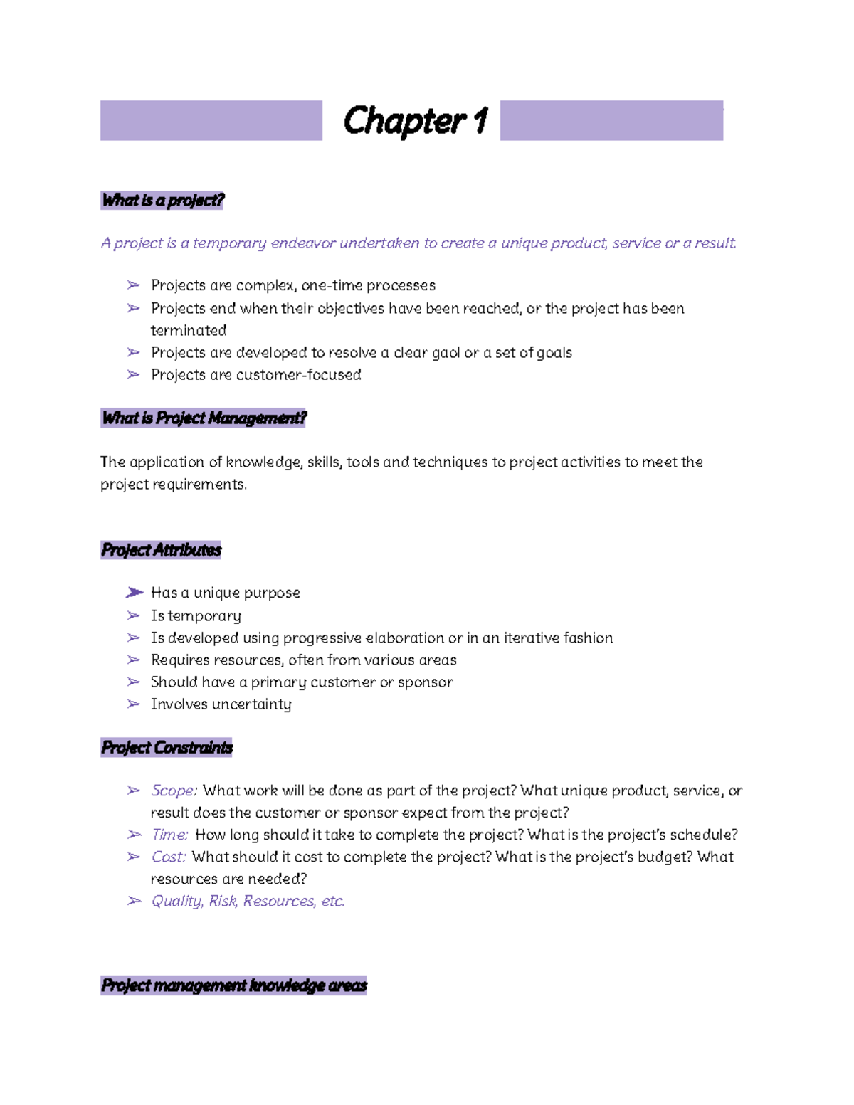 Chapter 1 - Knwknxwdk Chapter 1 bdskcbc,jnjj What is a project? A ...