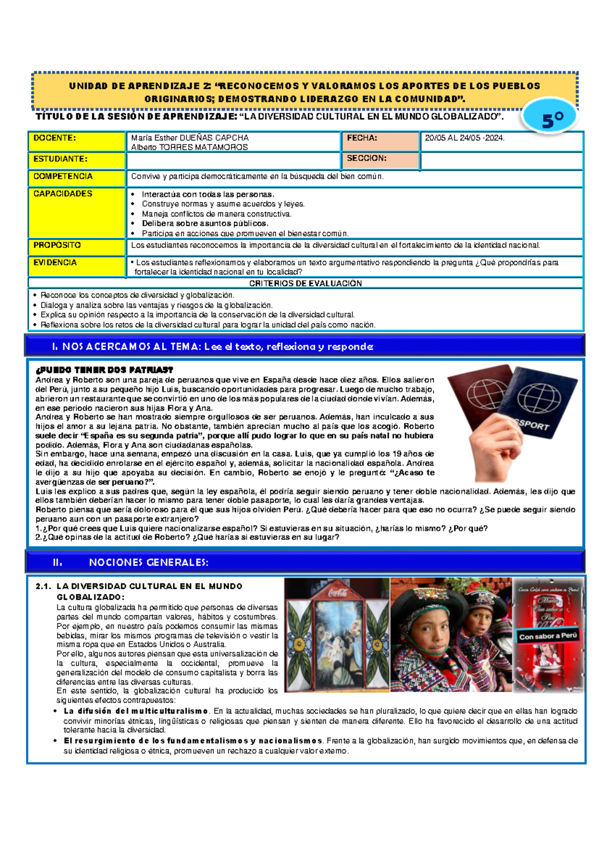 2024 DPCC - Semana 11 - 5° -LVA - TÍTULO DE LA SESIÓN DE APRENDIZAJE: “LA DIVERSIDAD CULTURAL EN ...