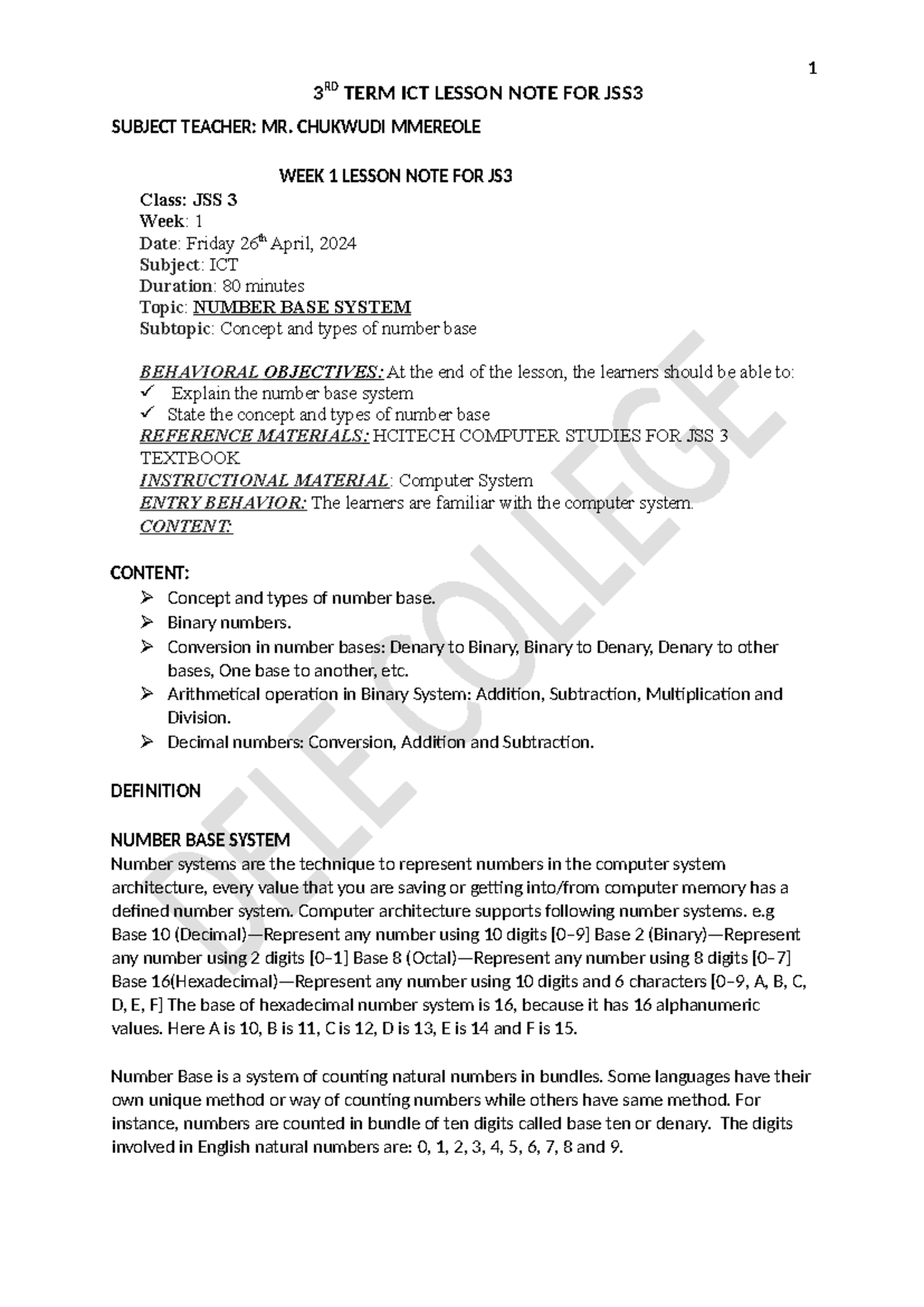 WEEK 1 Lesson NOTE FOR JS3 - 3 RD TERM ICT LESSON NOTE FOR JSS SUBJECT ...