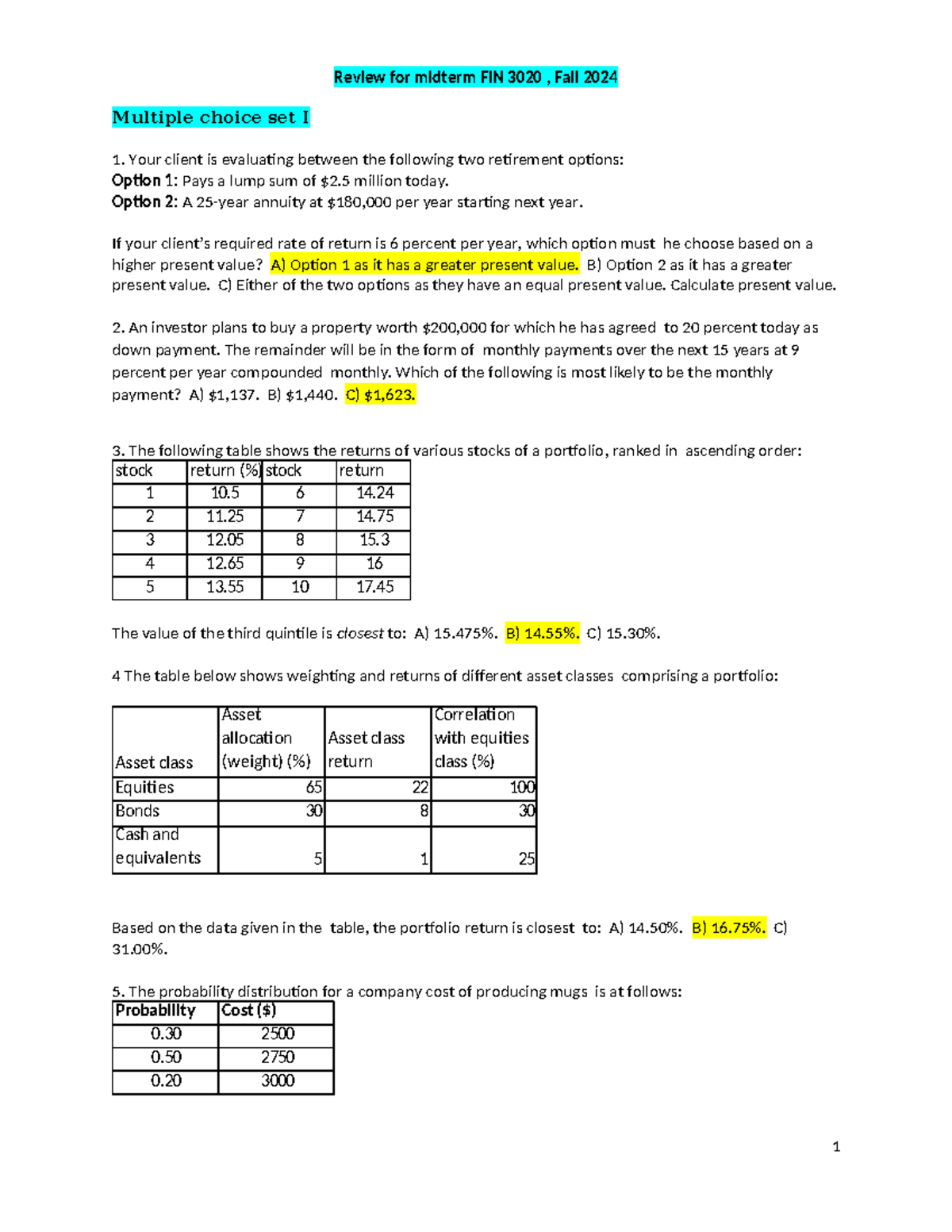 Review midterm 24class - Review for midterm FIN 3020 , Fall 2024 ...