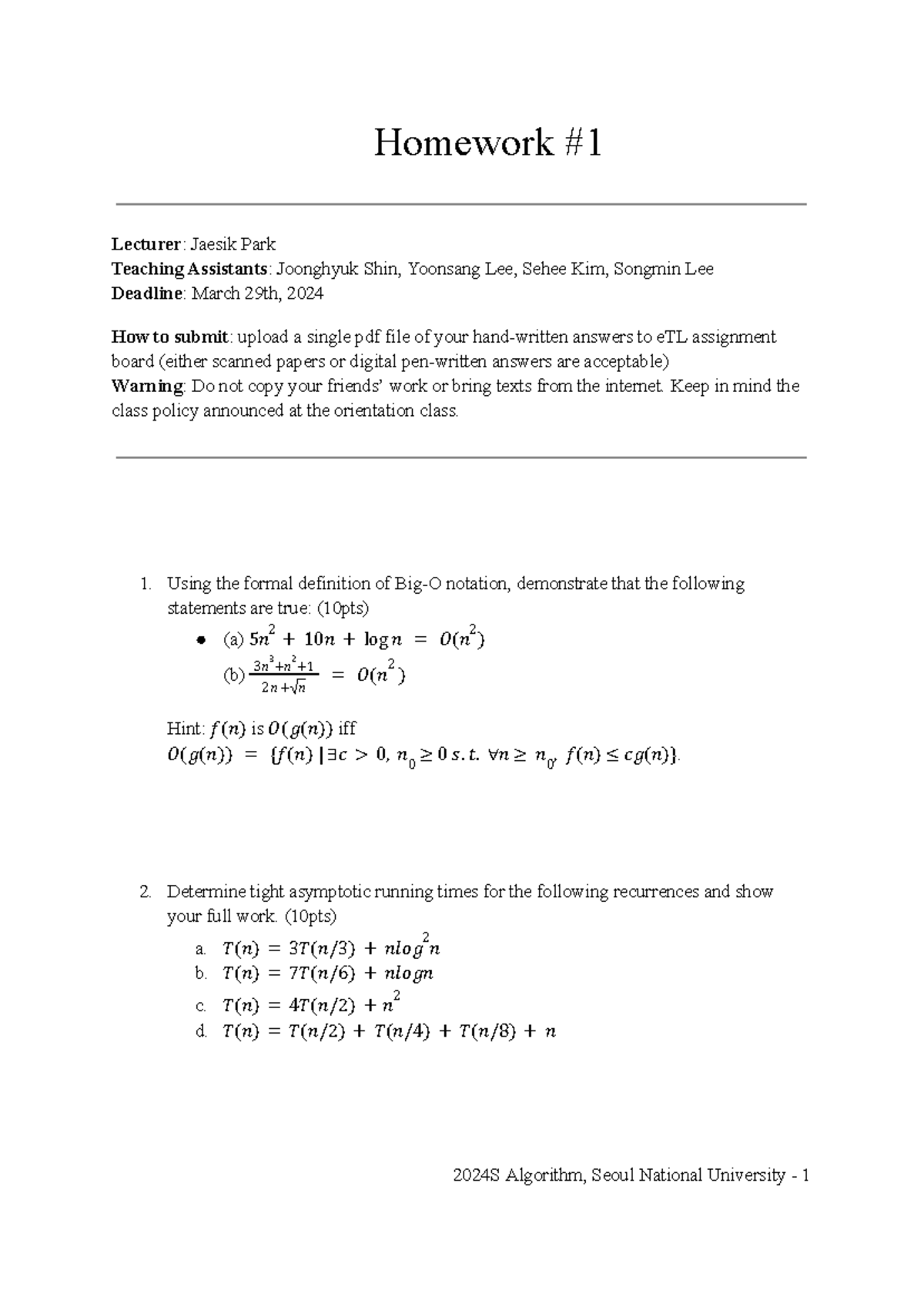 2024s Algorithm Hw1 문제과제내용 Homework Lecturer Jaesik Park Teaching 2212