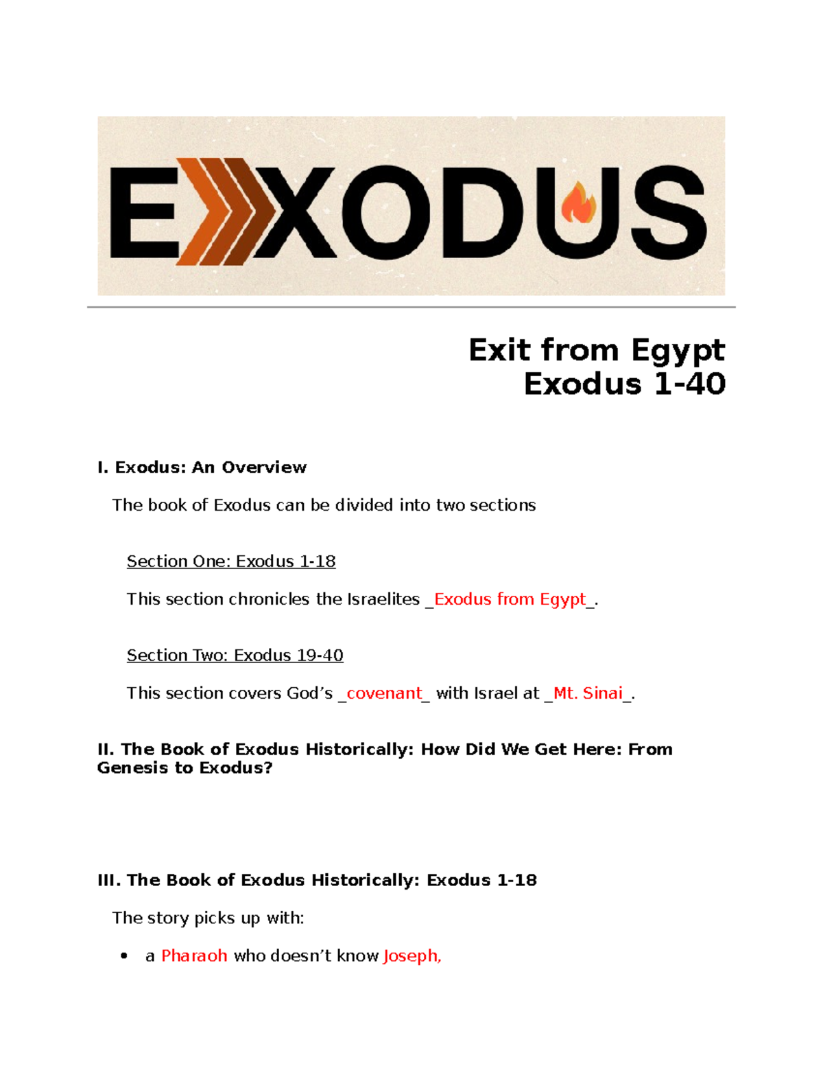 Exodus Class Presentation Handout Sp18 1-40 - Exit from Egypt Exodus 1 ...