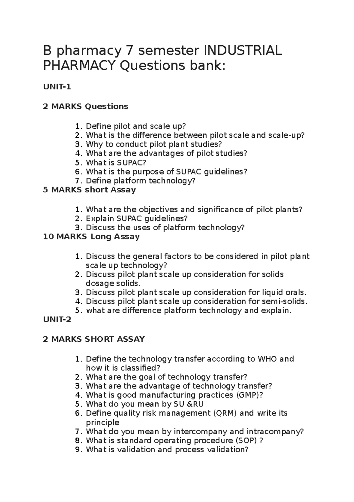 Question bank - B pharmacy 7 semester INDUSTRIAL PHARMACY Questions ...
