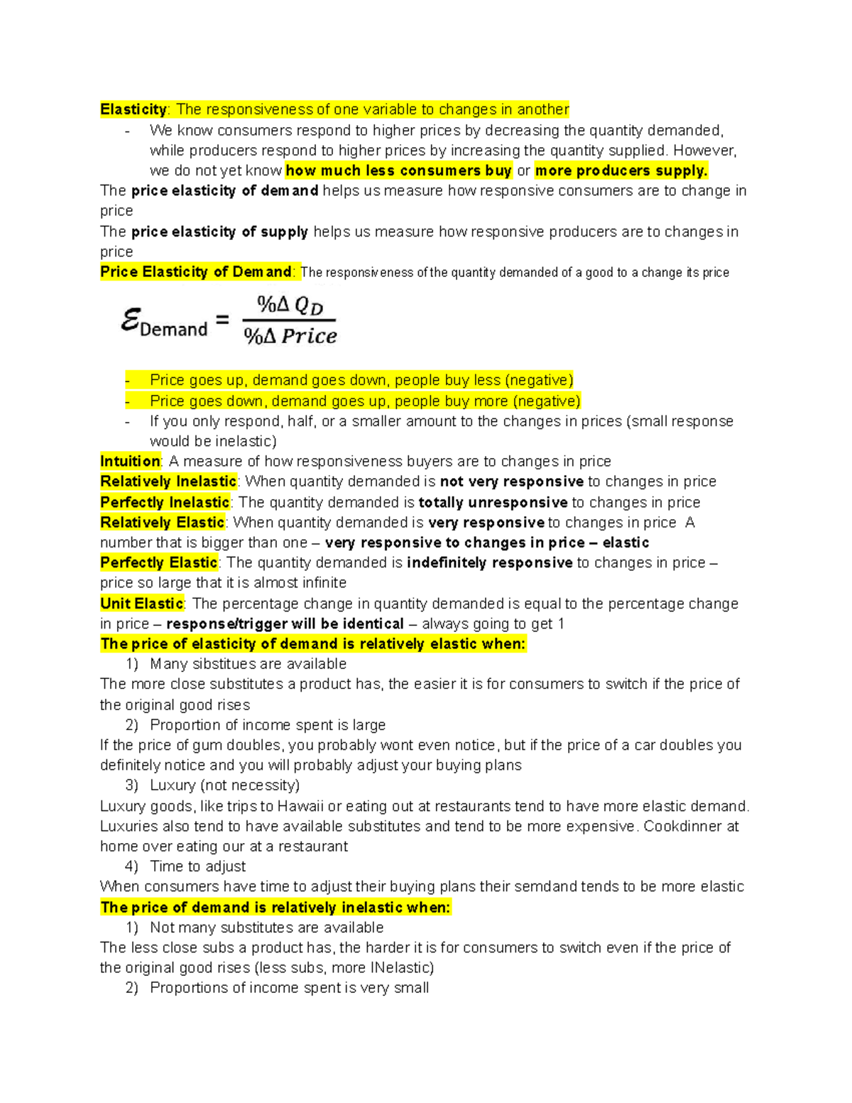 Micro notes Unit 2 - Elasticity: The responsiveness of one variable to ...