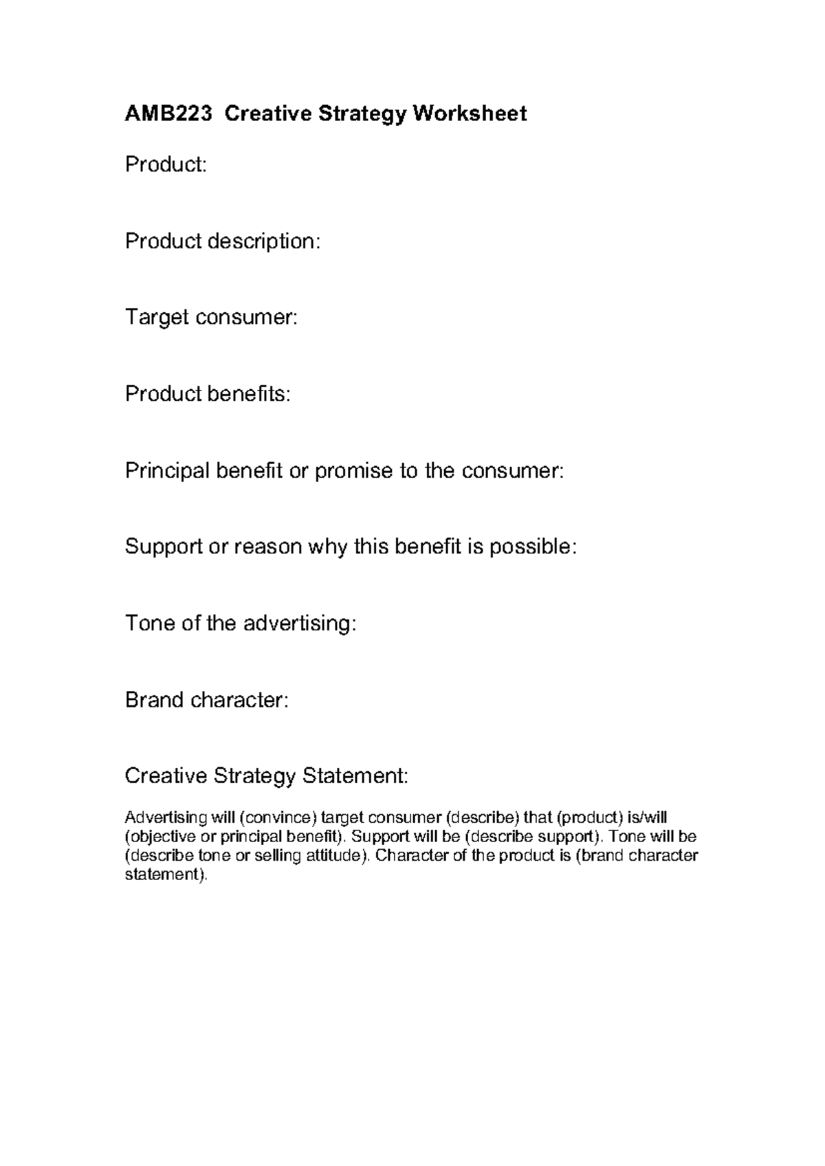 Creative Strategy Worksheet - AMB223 Creative Strategy Worksheet ...