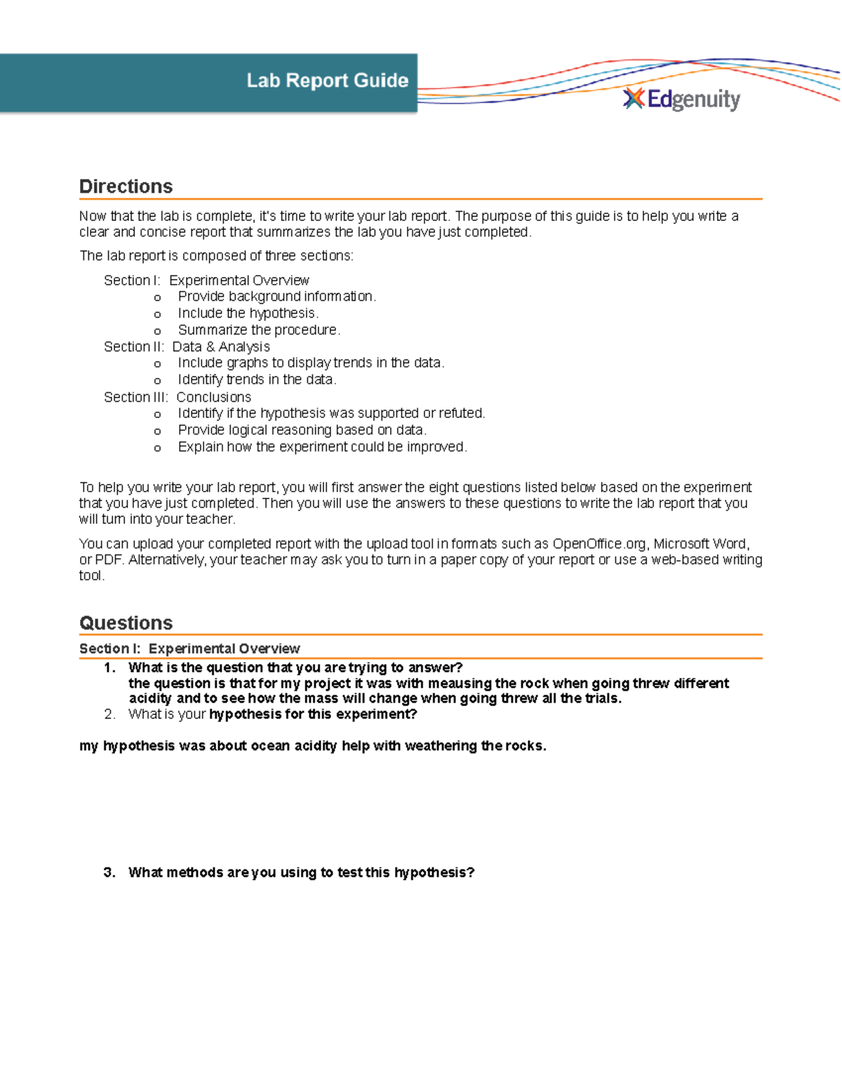 Lab-report-guide - jnjnjn - Directions Now that the lab is complete, it’s time to write your lab ...