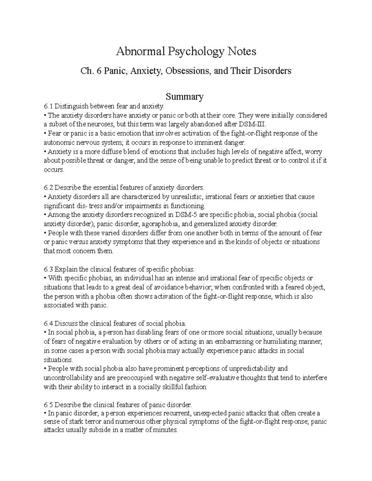 Abnormal Psychology Notes Ch 6 - 6 Panic, Anxiety, Obsessions, and ...