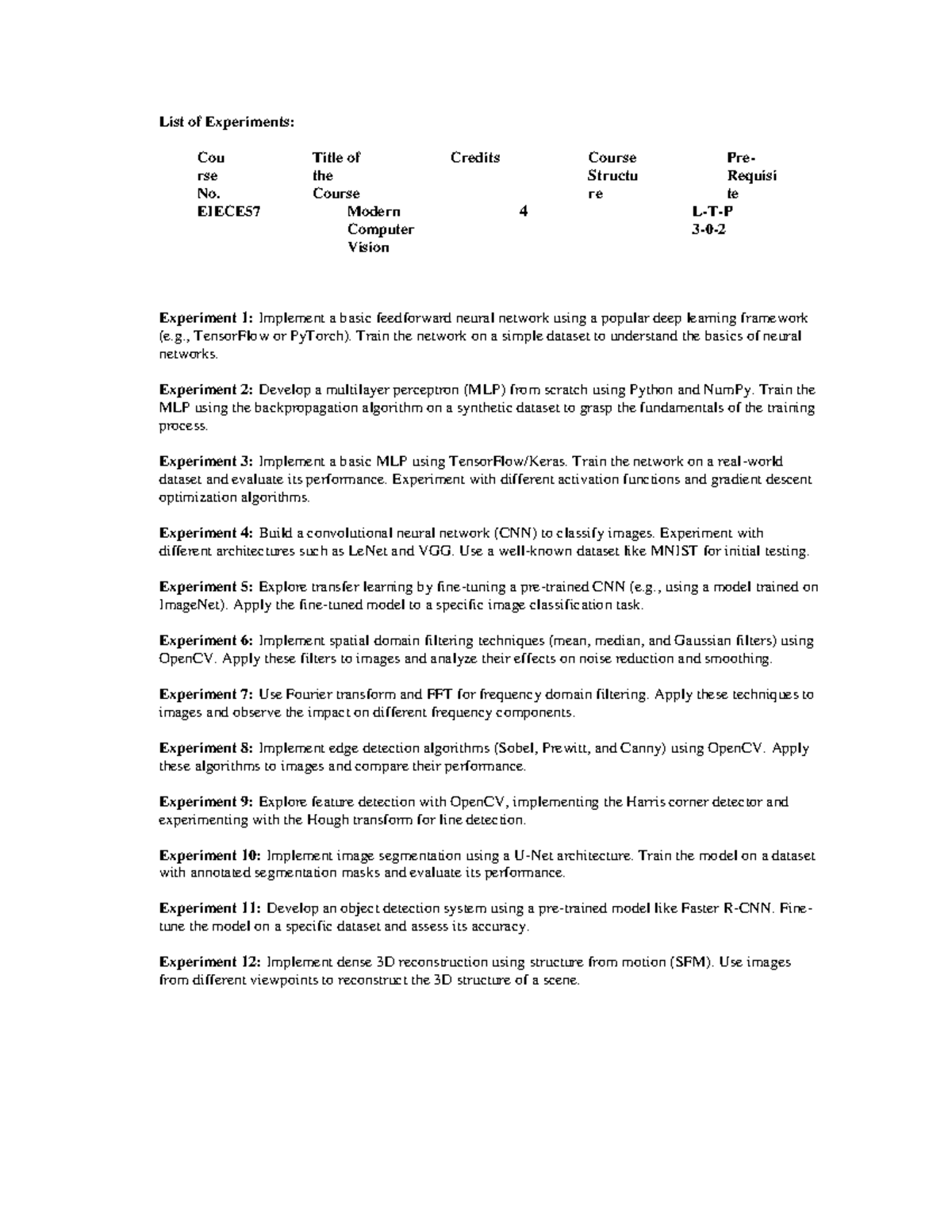Experiment List - asdf - List of Experiments: Cou rse No. Title of the ...