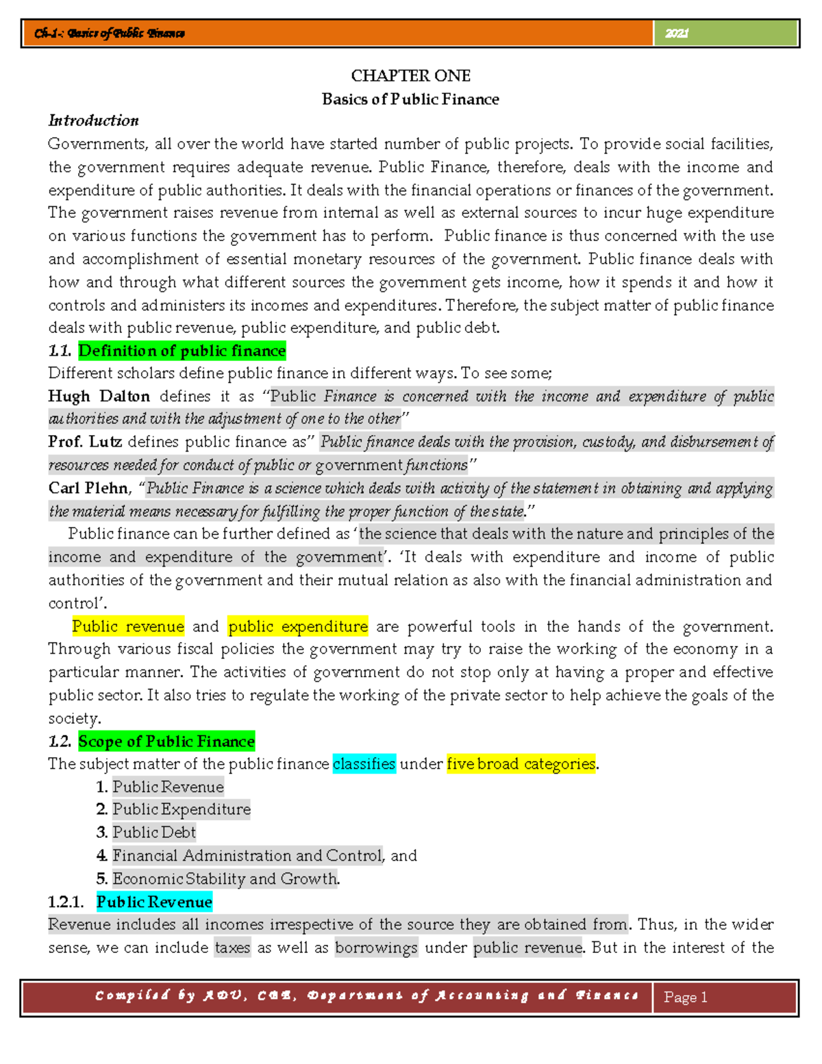 CH-1-Basics of Public Finance - CHAPTER ONE Basics of Public Finance ...