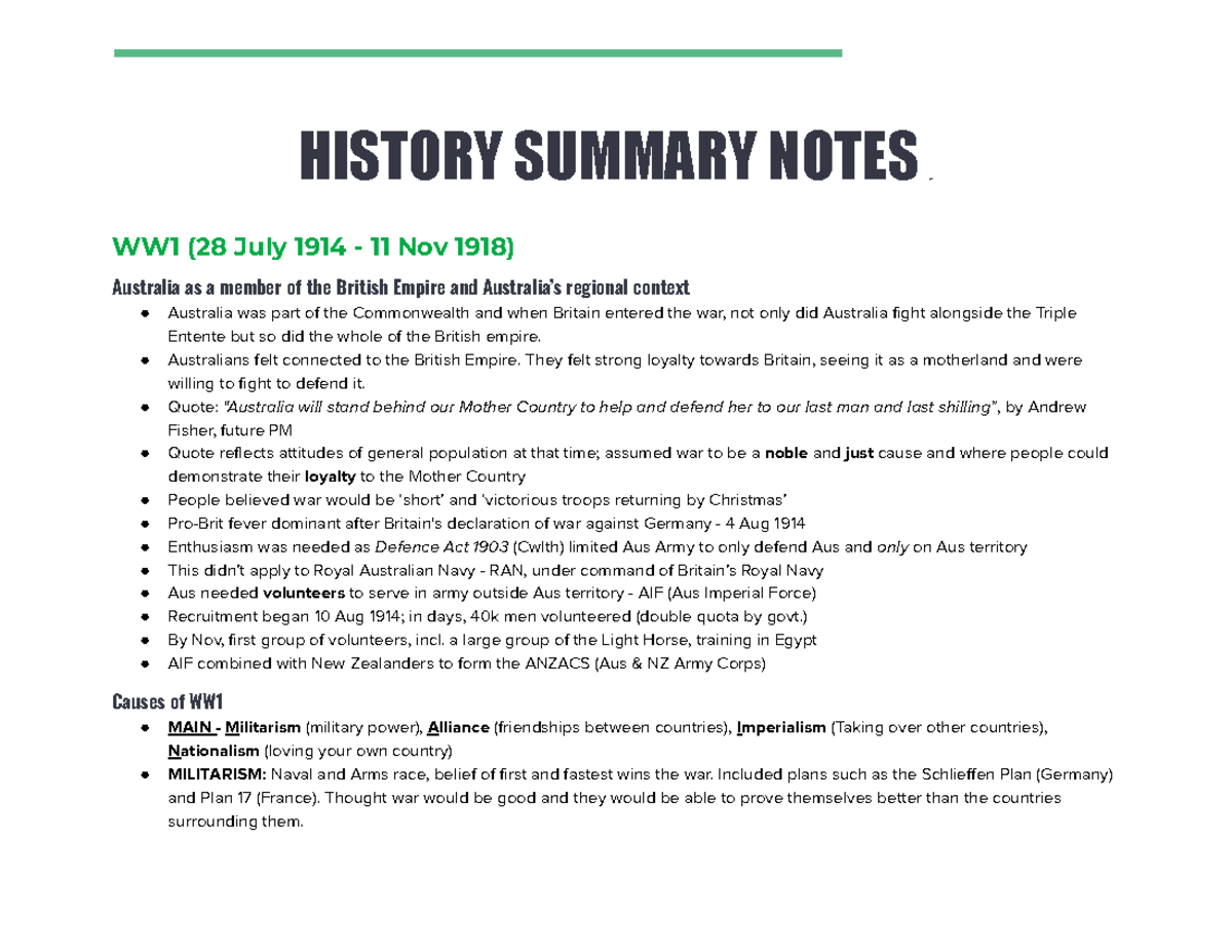 History Summary Notes - Yearly - HISTORY SUMMARY NOTES ye WW1 (28 July ...