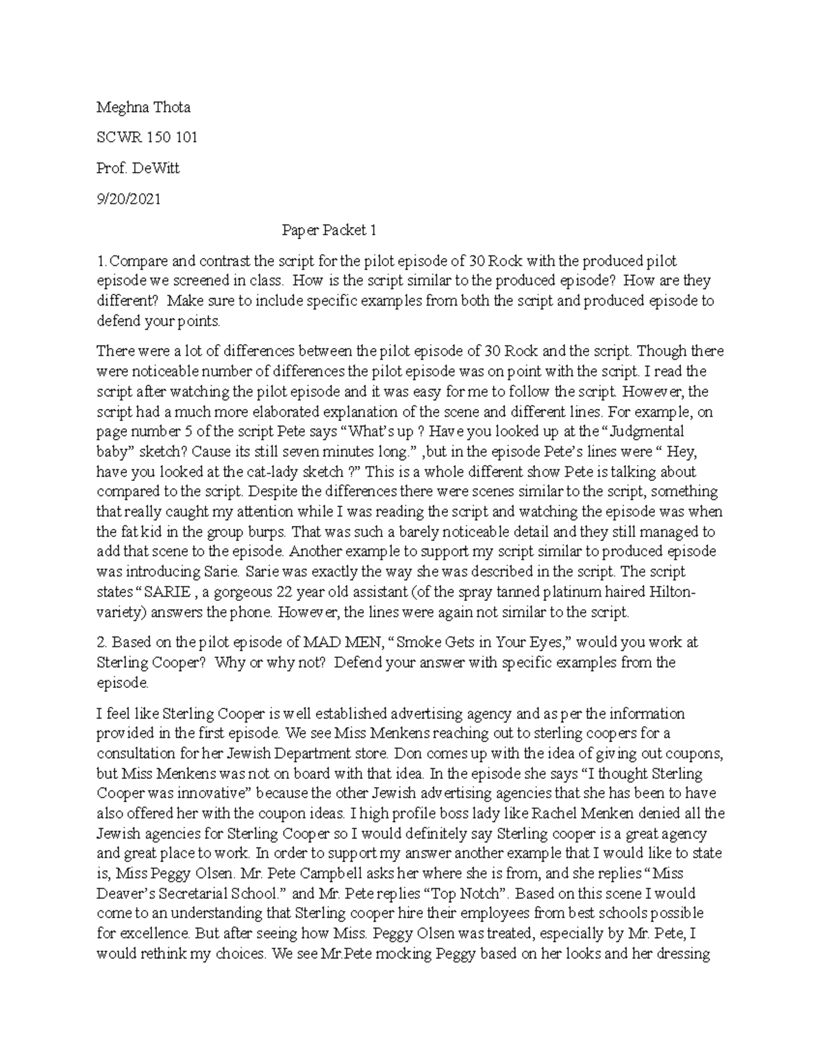 Meghna Thota 1 - PAPER PACKET 1 - How is the script similar to the ...