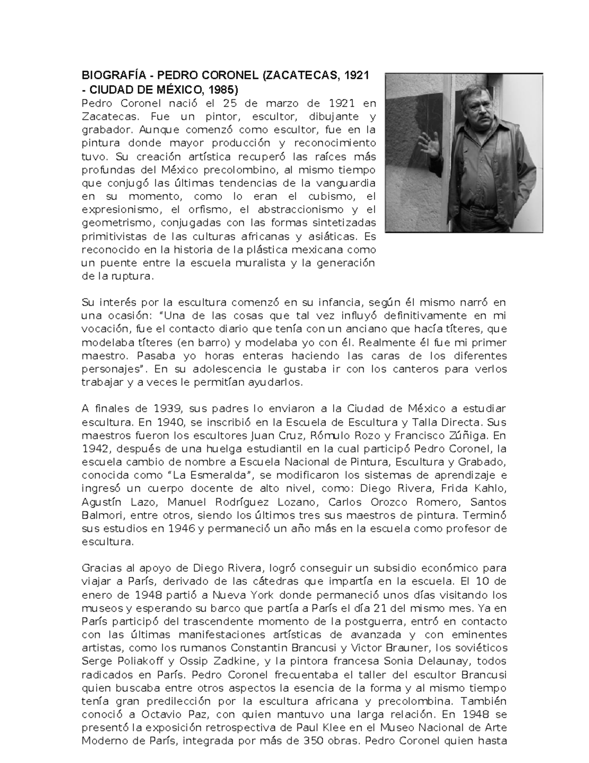 Biografía - BIOGRAFÍA - PEDRO CORONEL (ZACATECAS, 1921 - CIUDAD DE MÉXICO, 1985) Pedro Coronel ...