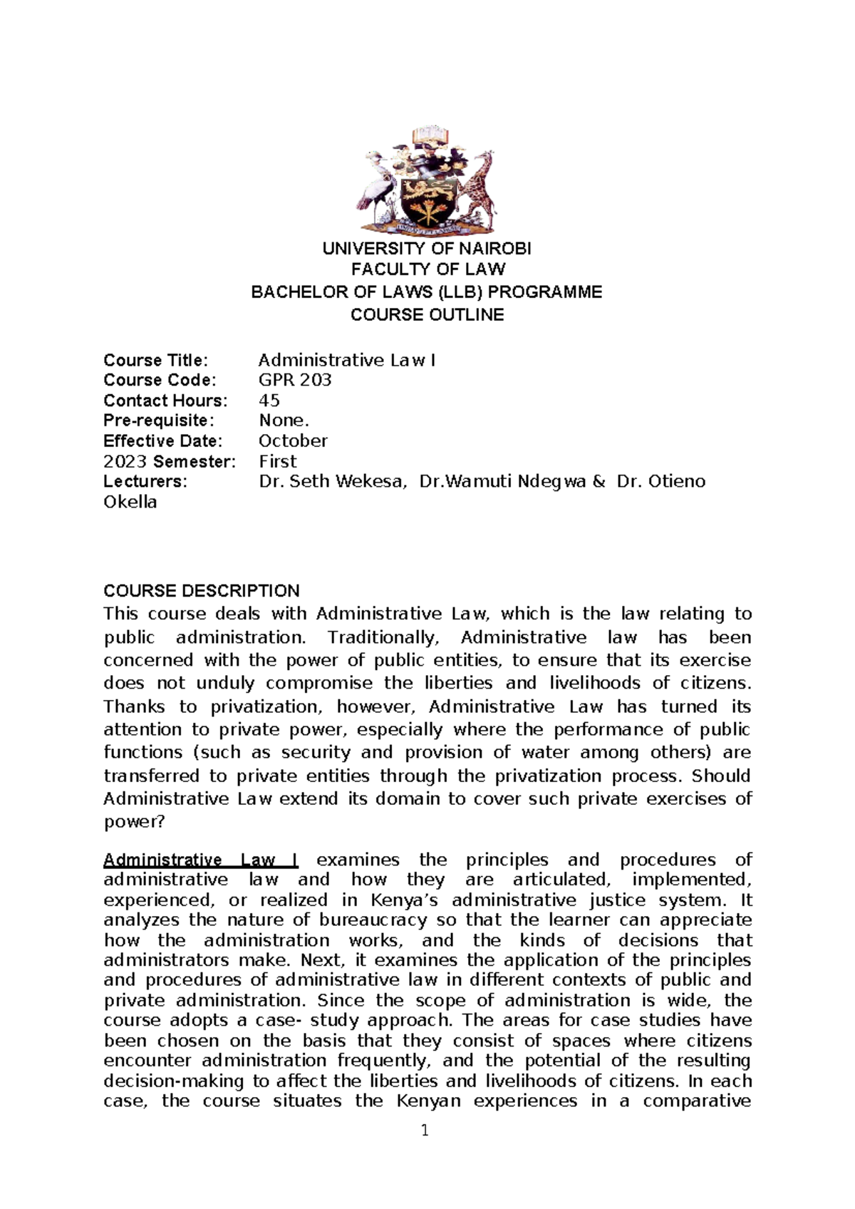 2023 Course Outline - UNIVERSITY OF NAIROBI FACULTY OF LAW BACHELOR OF ...