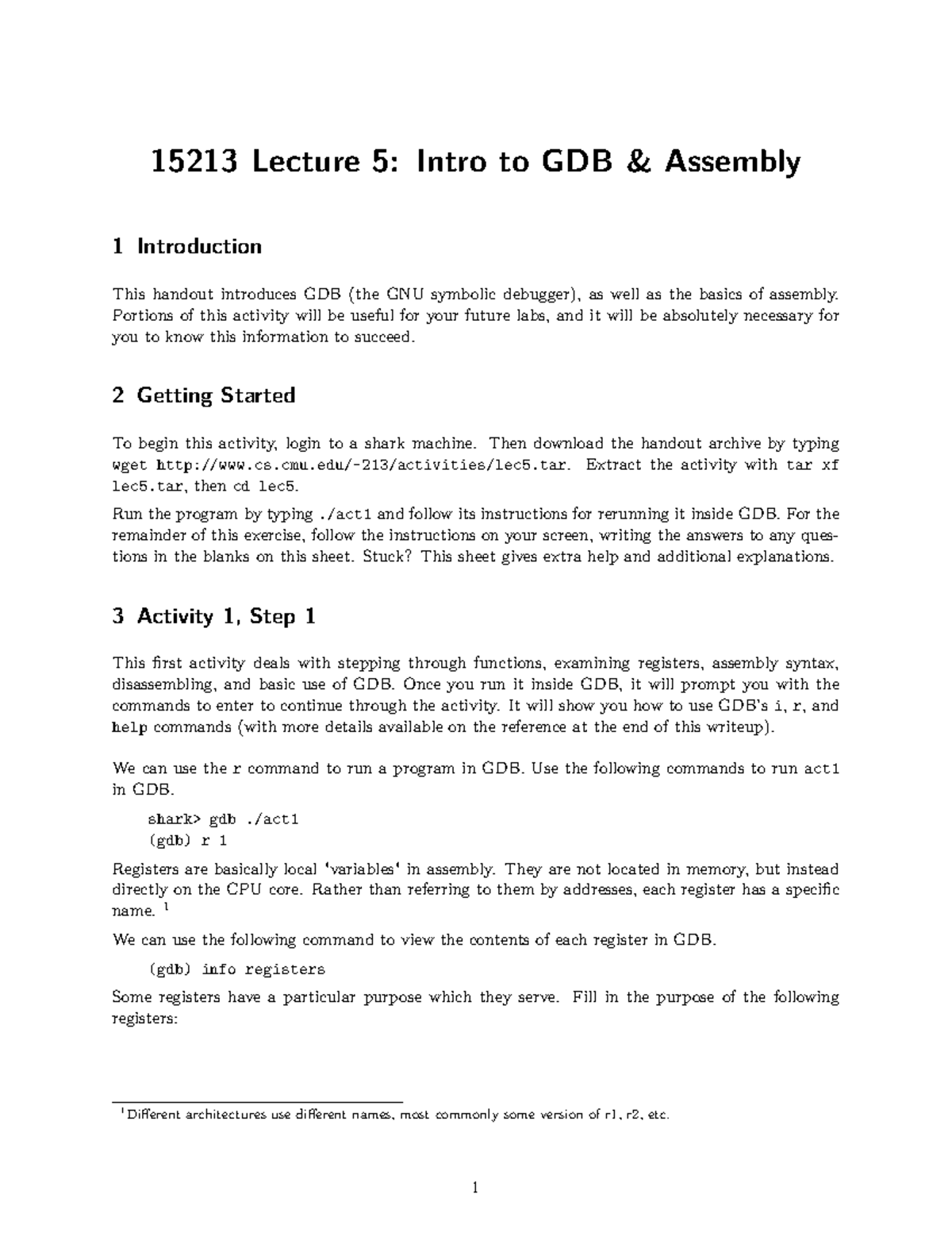 213 lecture 5-sol - 15213 Lecture 5: Intro to GDB & Assembly 1 Introduction This handout - Studocu