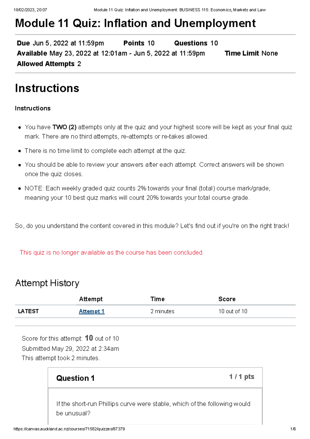 Module 11 Quiz Inflation and Unemployment Business 115 Economics ...