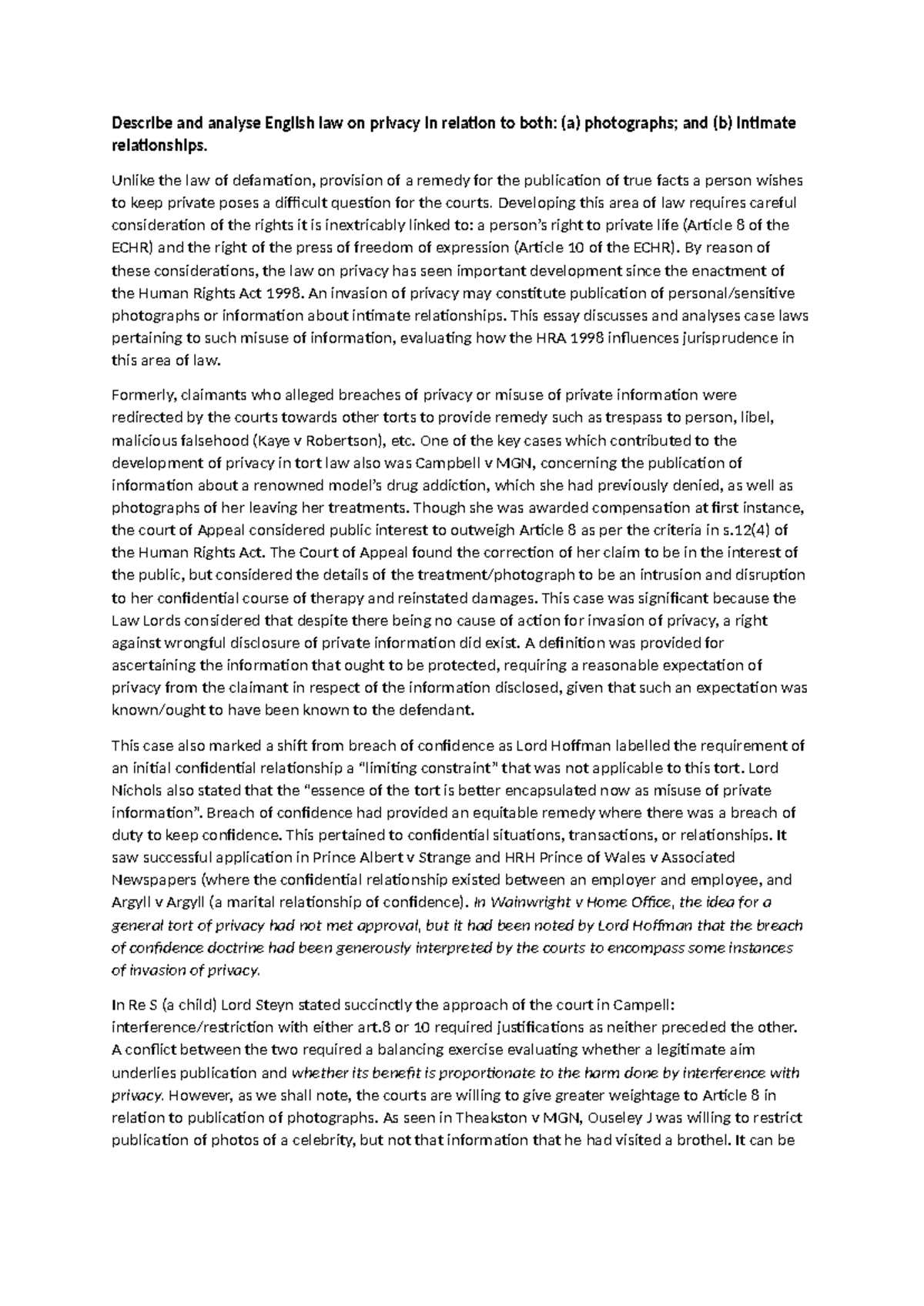 Privacy Sample Essay - Describe and analyse English law on privacy in ...