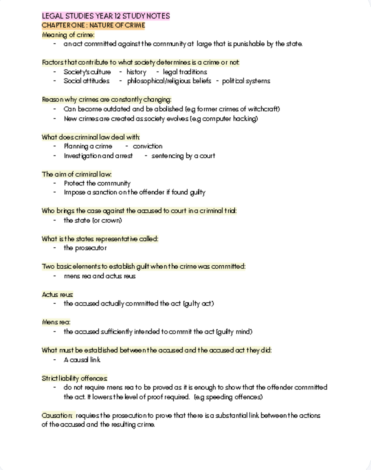 Legal notes chp 1 - LEGAL STUDIES YEAR 12 STUDY NOTES CHAPTER ONE ...