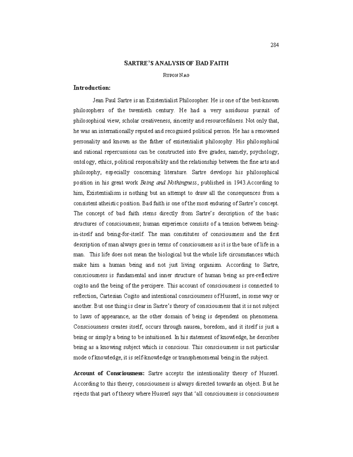 Sartre’s Analysis of Bad Faith - SARTRE’S ANALYSIS OF BAD FAITH RUPON ...