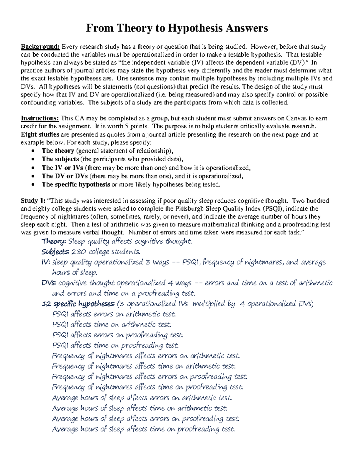 CA 1b answers for theory to hypothesis activity as worksheet - From ...