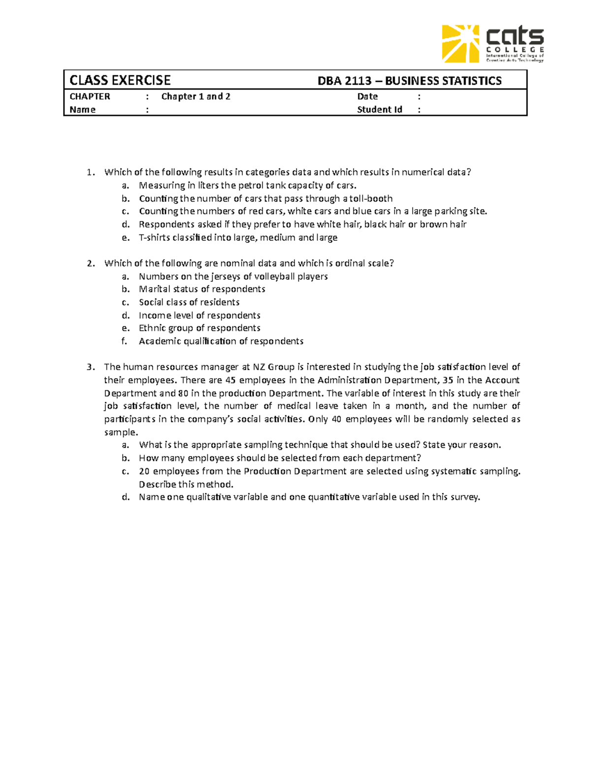 Class Exercise 1 - CLASS EXERCISE DBA 2113 – BUSINESS STATISTICS ...