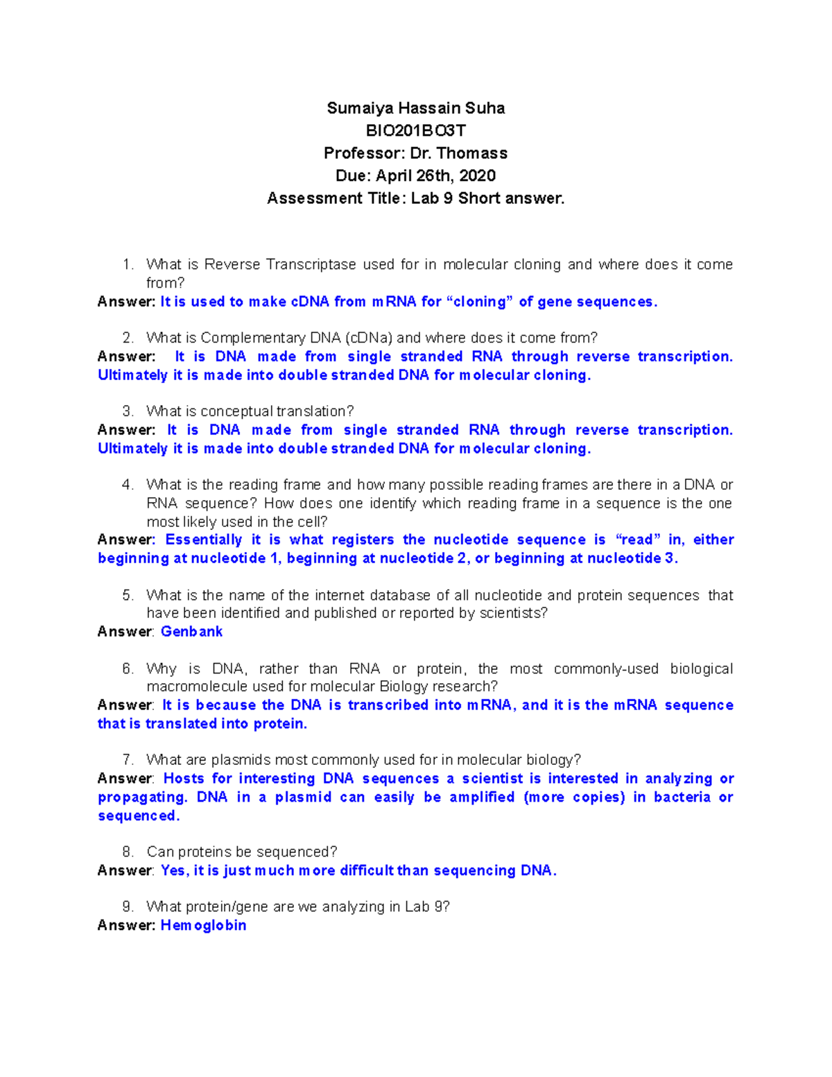 Lab 9 - Lab report with answer - Sumaiya Hassain Suha BIO201BO3T ...