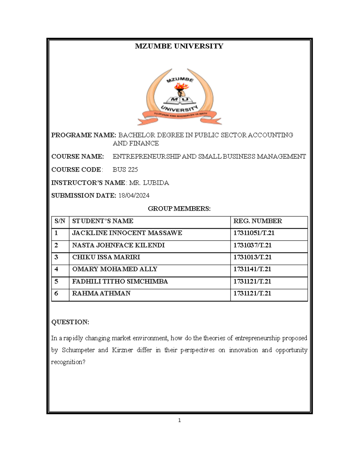 Group Presentation BUS 225 - MZUMBE UNIVERSITY PROGRAME NAME: BACHELOR ...