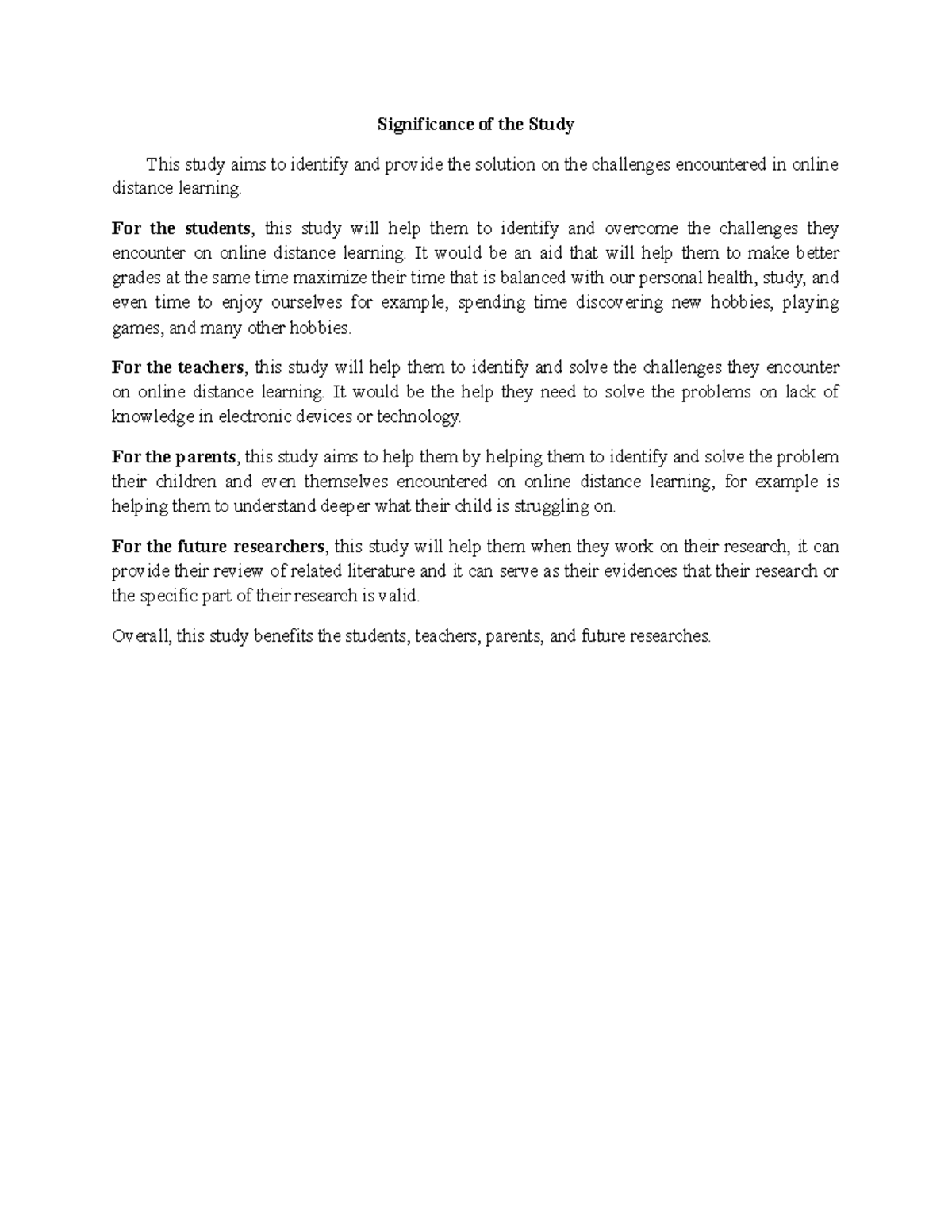 Significance of the Study - For the students, this study will help them ...