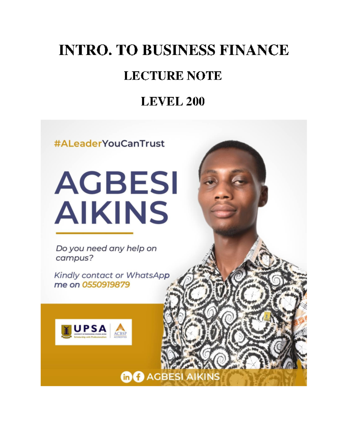 Introduction to Business Finance - INTRO. TO BUSINESS FINANCE LECTURE ...