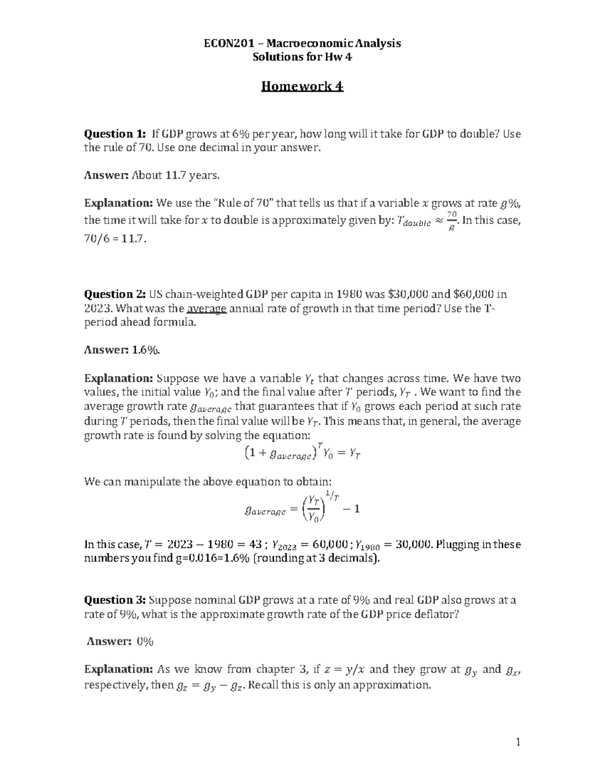 HW4 solutions - homework answer key - ECON201 – Macroeconomic Analysis Solutions for Hw 4 1 ...