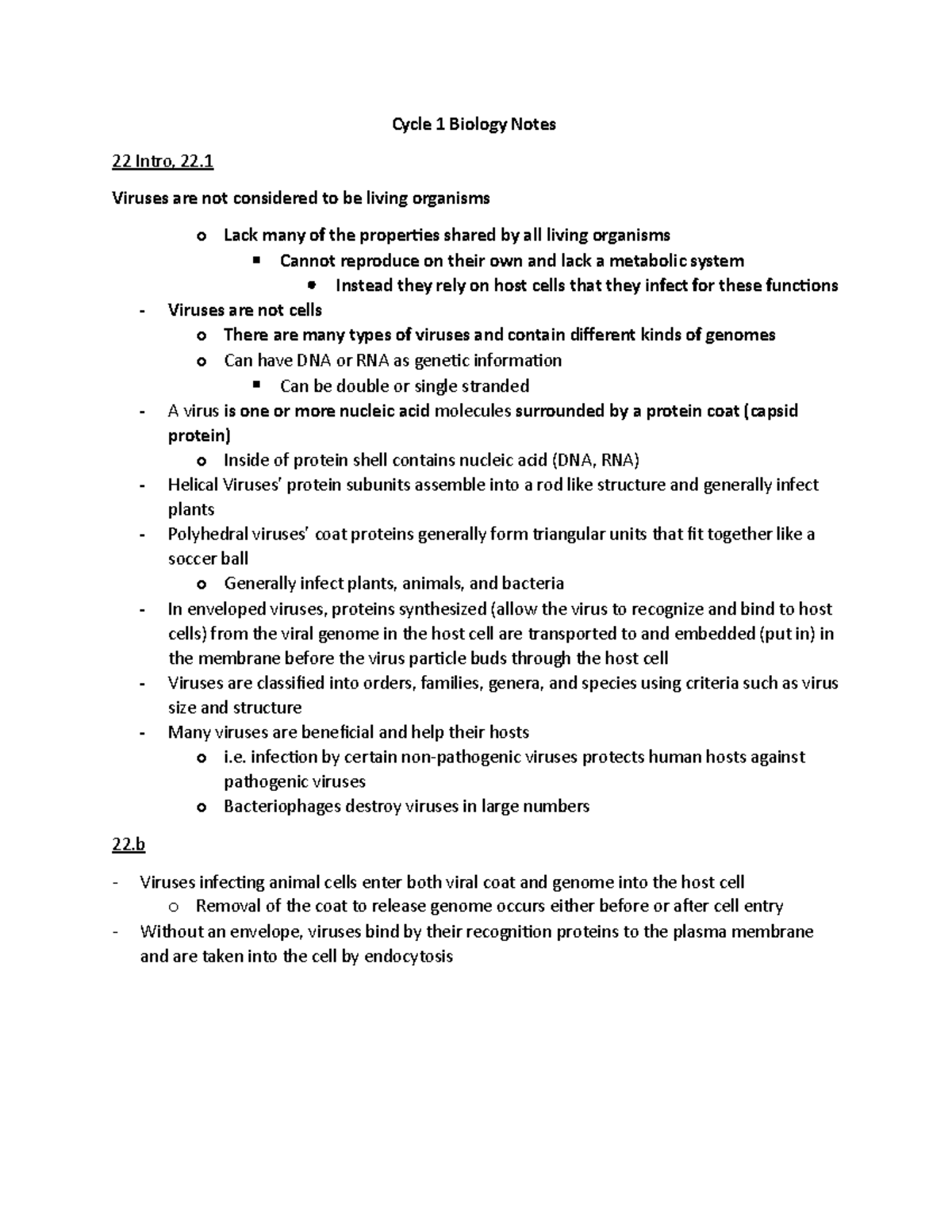 Cycle 1 Biology Notes - Cycle 1 Biology Notes 22 Intro, 22. Viruses are ...