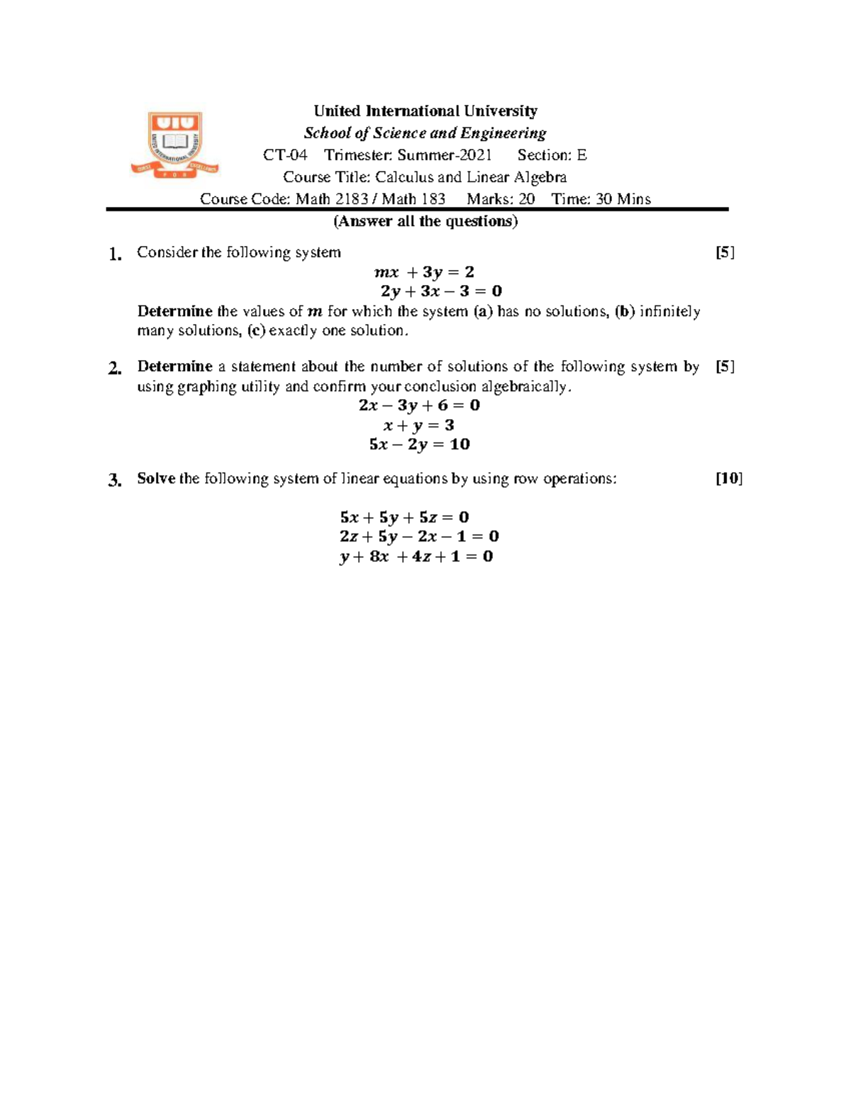 Class test 4 questions summer 2021 - United International University ...