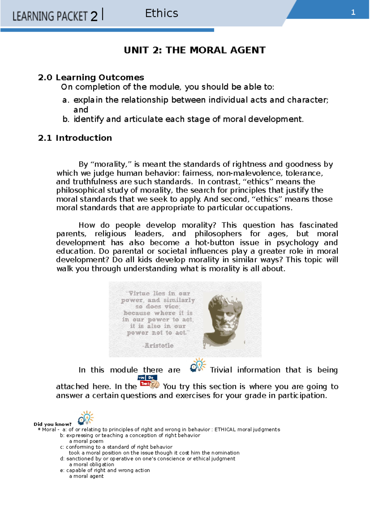 Ethics-LP2-with-template - UNIT 2: THE MORAL AGENT 2 Learning Outcomes ...