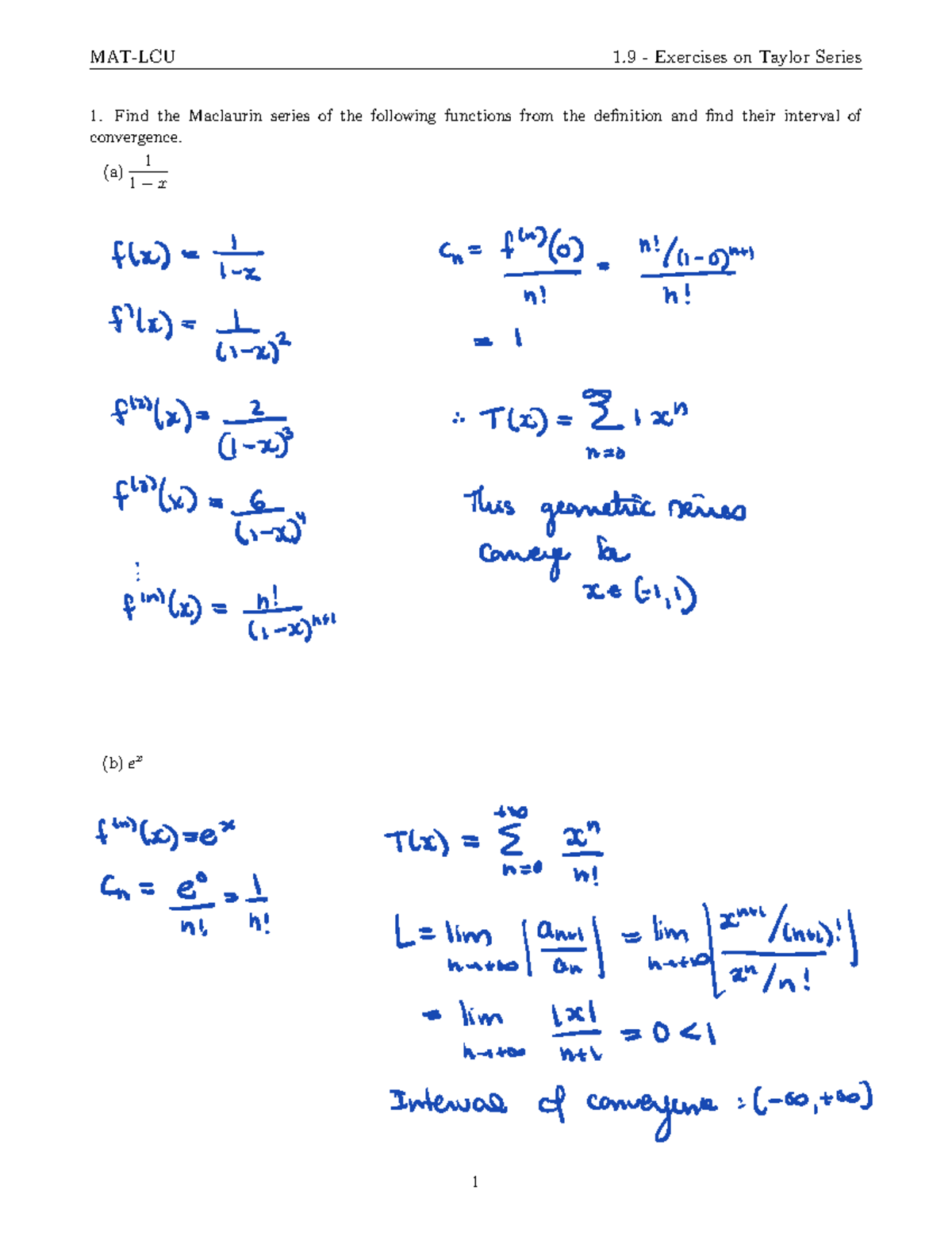 1 - Math 222 calculus 3 practice - 1. Find the Maclaurin series of the ...
