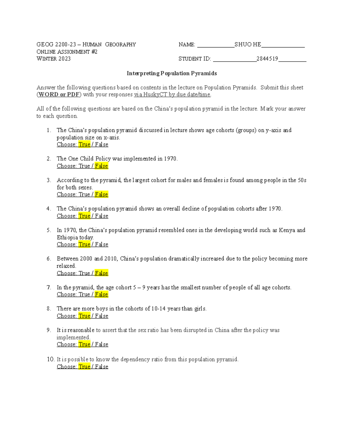 OL Assignment 2 - geography - GEOG 2200-23 – HUMAN GEOGRAPHY NAME: SHUO ...