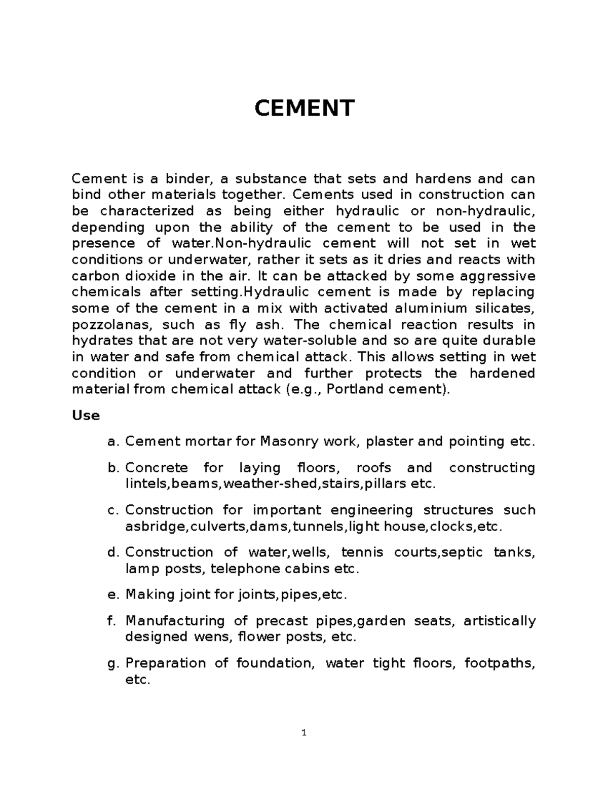 Cement Notes - civil engineering materials - CEMENT Cement is a binder ...
