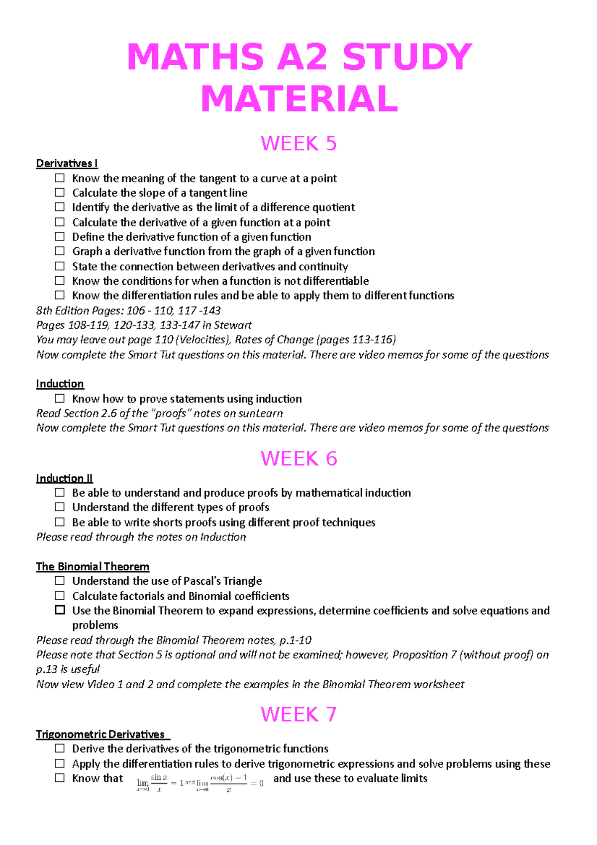 Maths A2 Study Material - MATHS A2 STUDY MATERIAL WEEK 5 Derivatives I ...