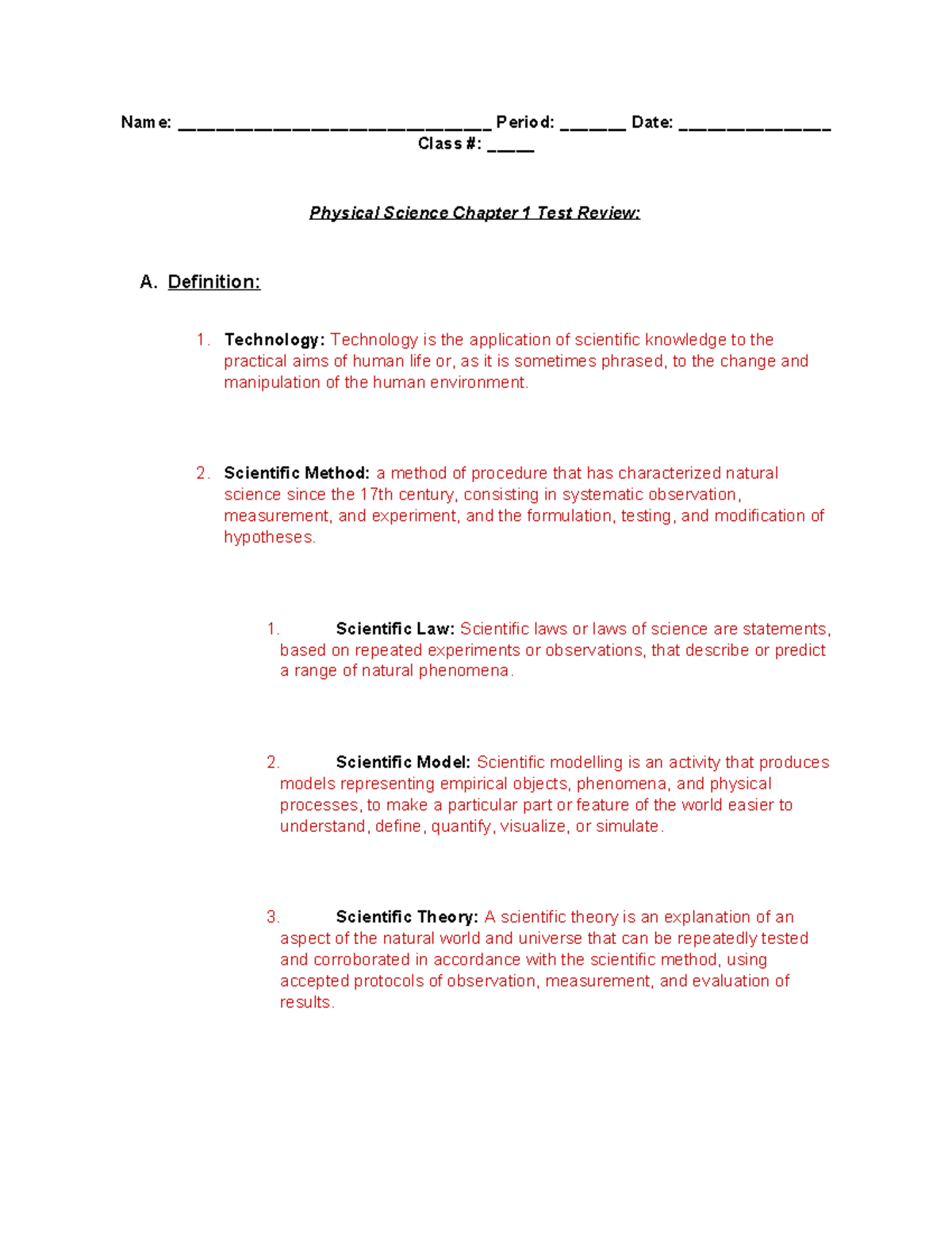 Physical Science Midterm Review - Name ...