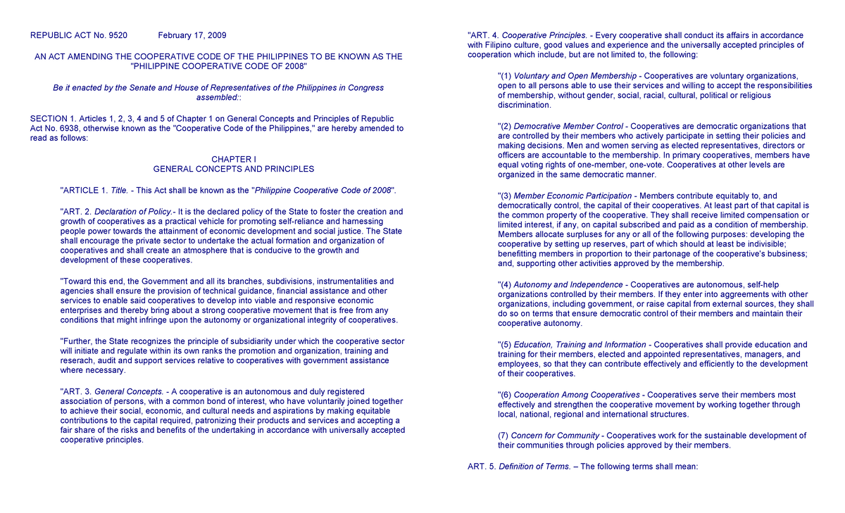 RA9520 - cooperative - REPUBLIC ACT No. 9520 February 17, 2009 AN ACT ...