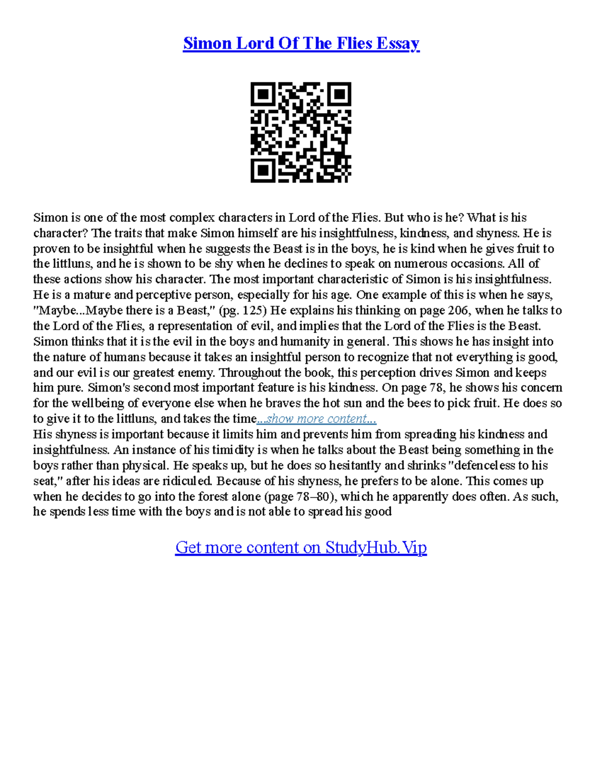 Lord Of The Flies Simon Essay - Simon Lord Of The Flies Essay Simon is ...
