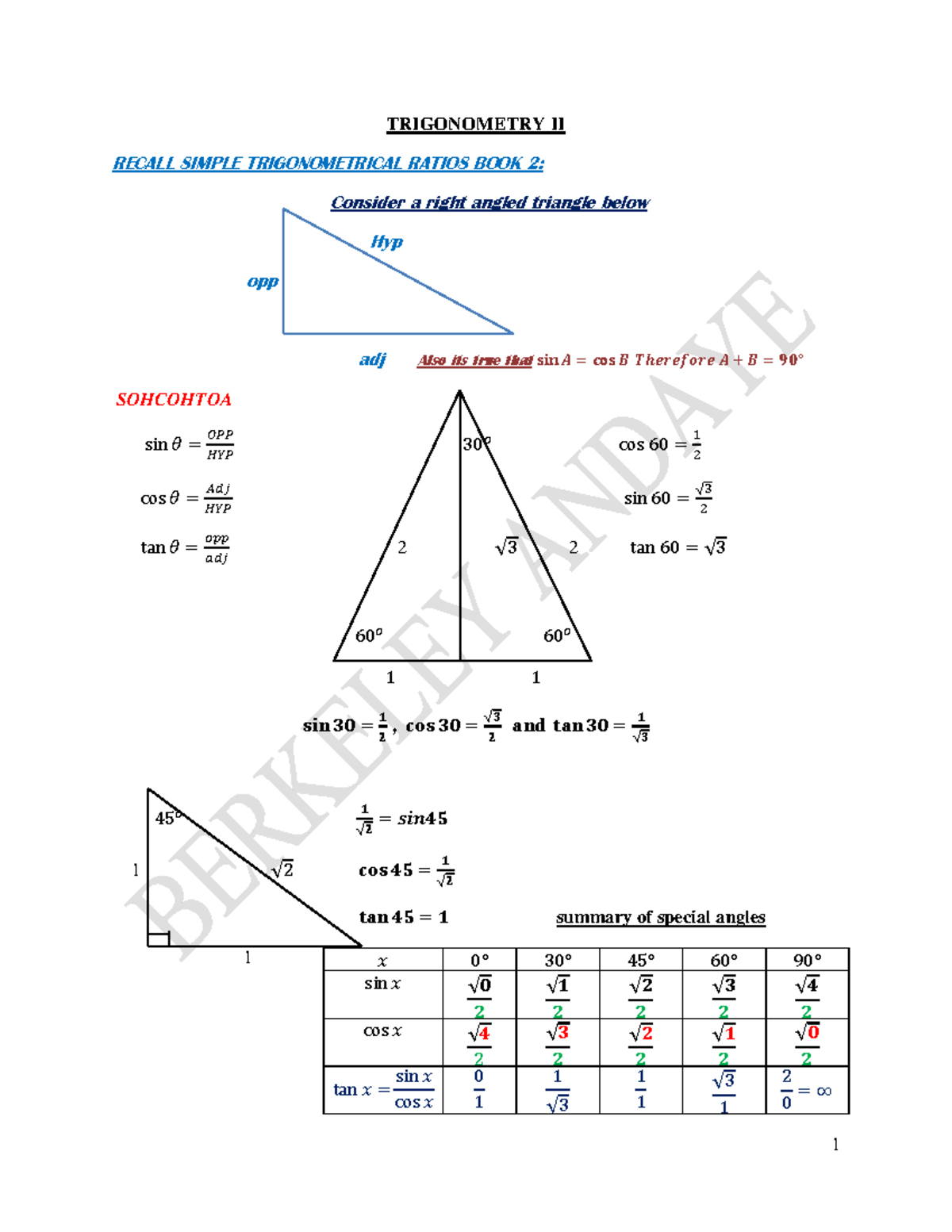 Triginometry II Berkeley - TRIGONOMETRY II RECALL SIMPLE ...
