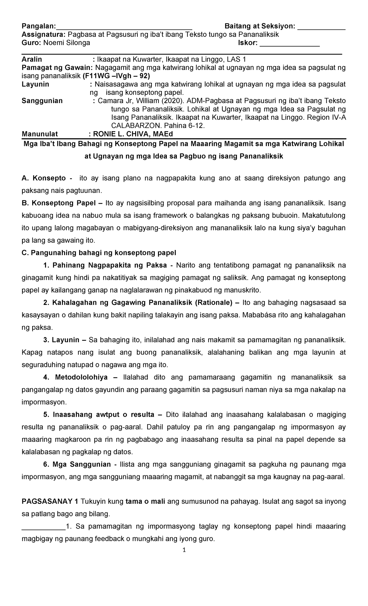Pag Pag LAS Q4 wk4 - LAS WEEK 1 - Pangalan:__________________________________ Baitang at ...