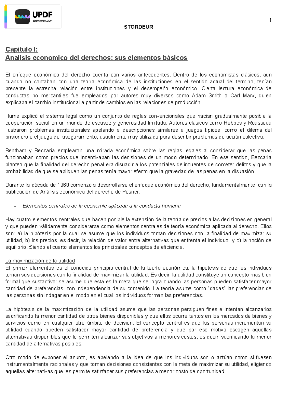 Resumen 1 Parcial - STORDEUR Capitulo I: Analisis economico del ...
