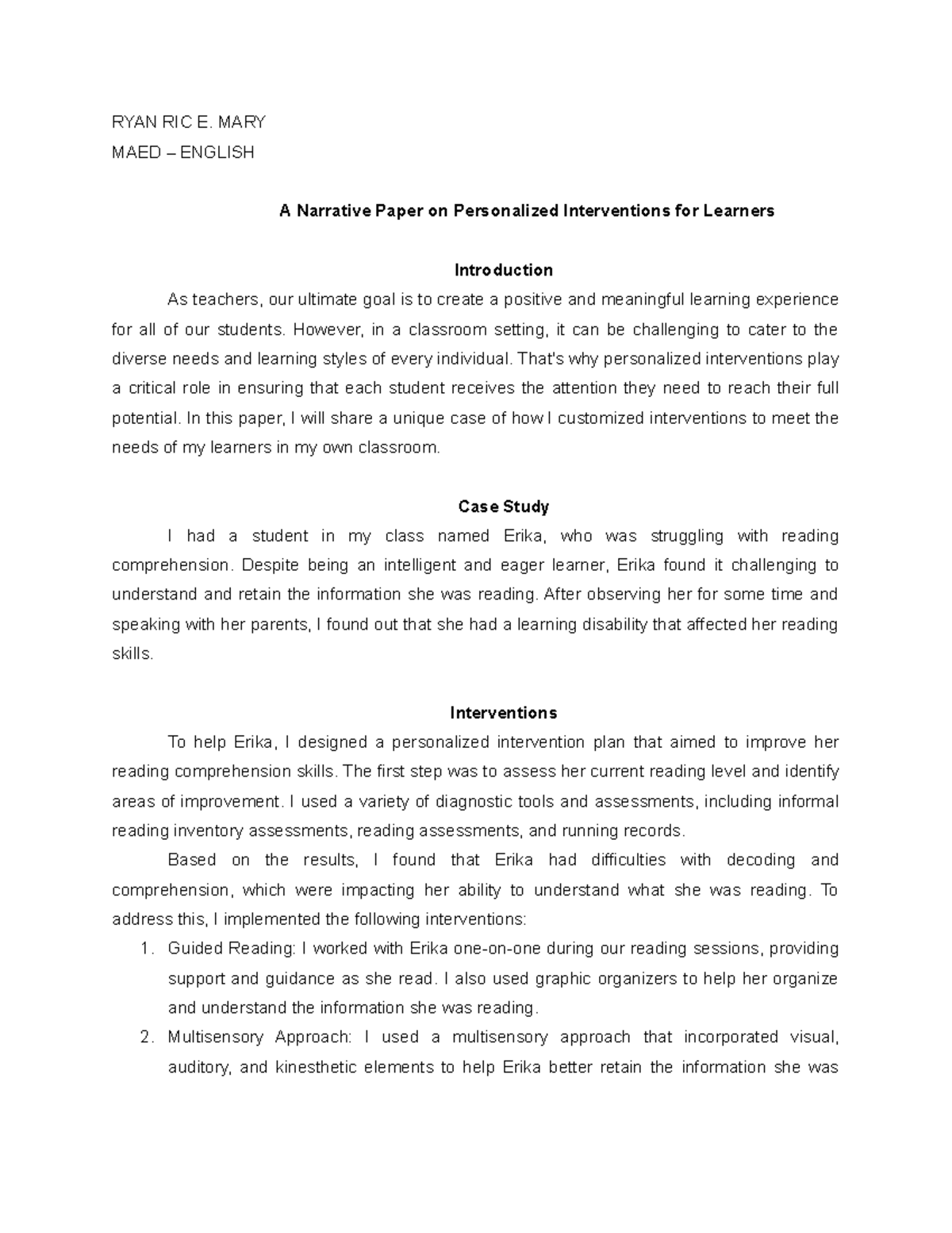 RYAN RIC E. MARY-A Narrative Paper on Personalized Interventions for ...