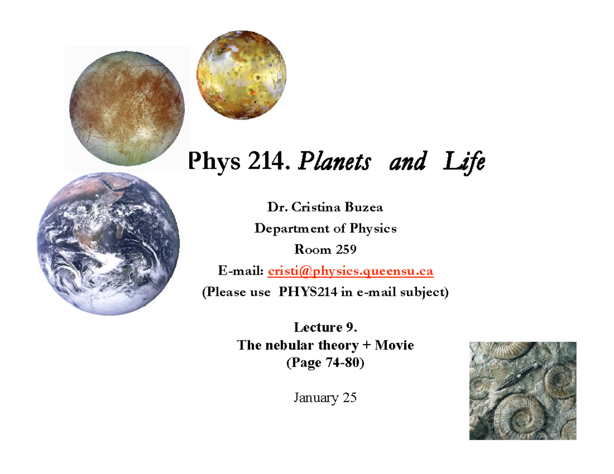 Lecture 9 - Notes - Phys 214. Planets and Life Dr. Cristina Buzea ...
