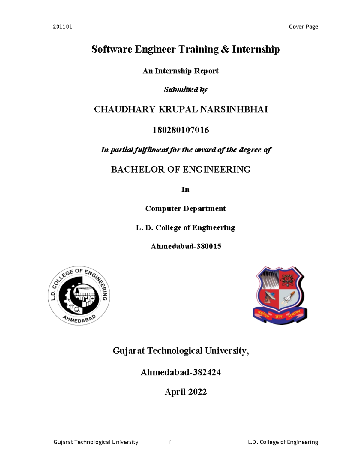 internship report - 201101 Cover Page Gujarat Technological University ...