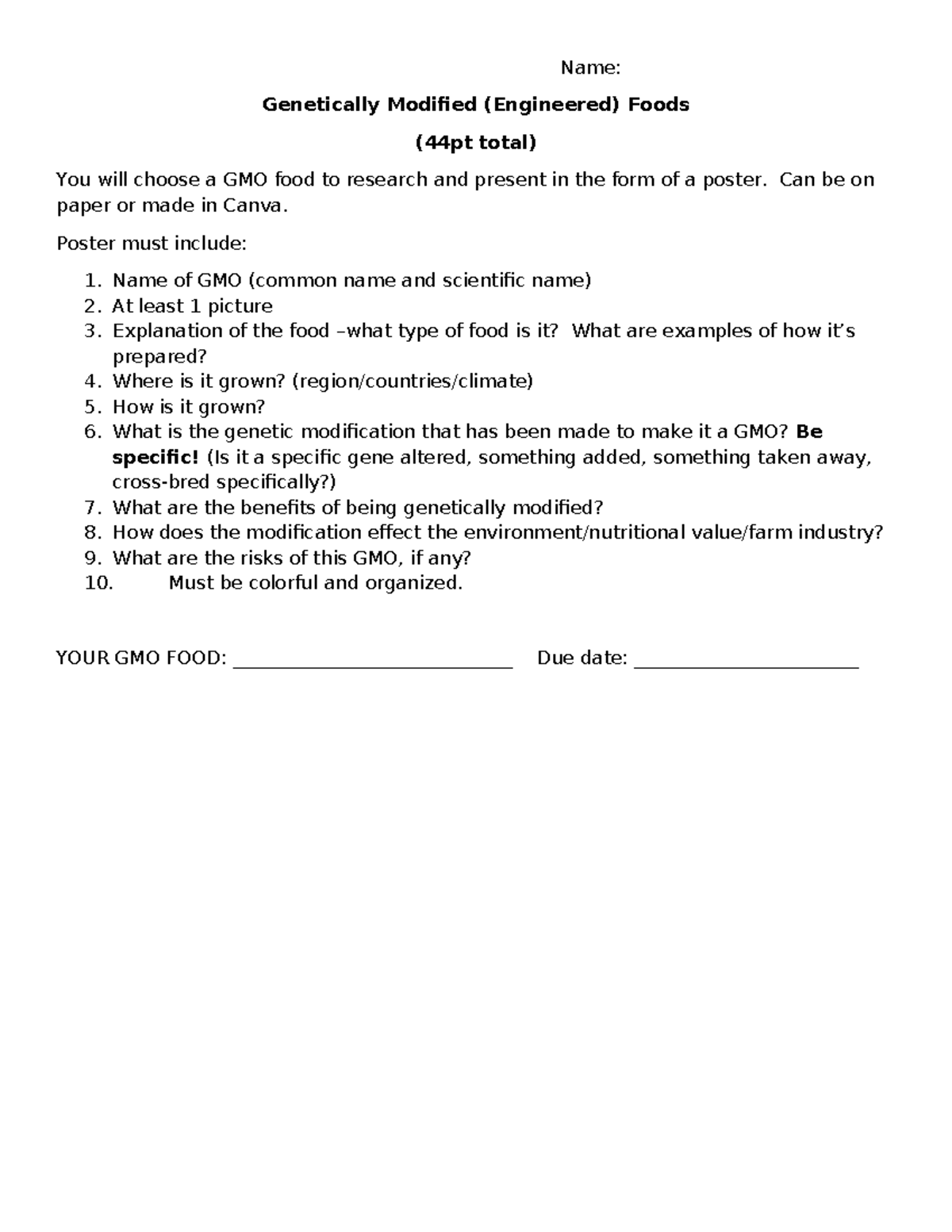 GMO Poster - Name: Genetically Modified (Engineered) Foods (44pt total ...